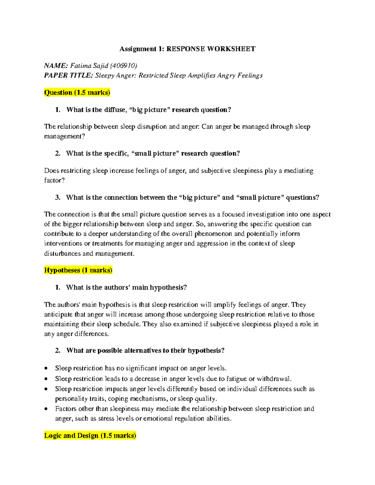 EP - A1 - Article REeview - Assignment 1 : RESPONSE WORKSHEET NAME ...