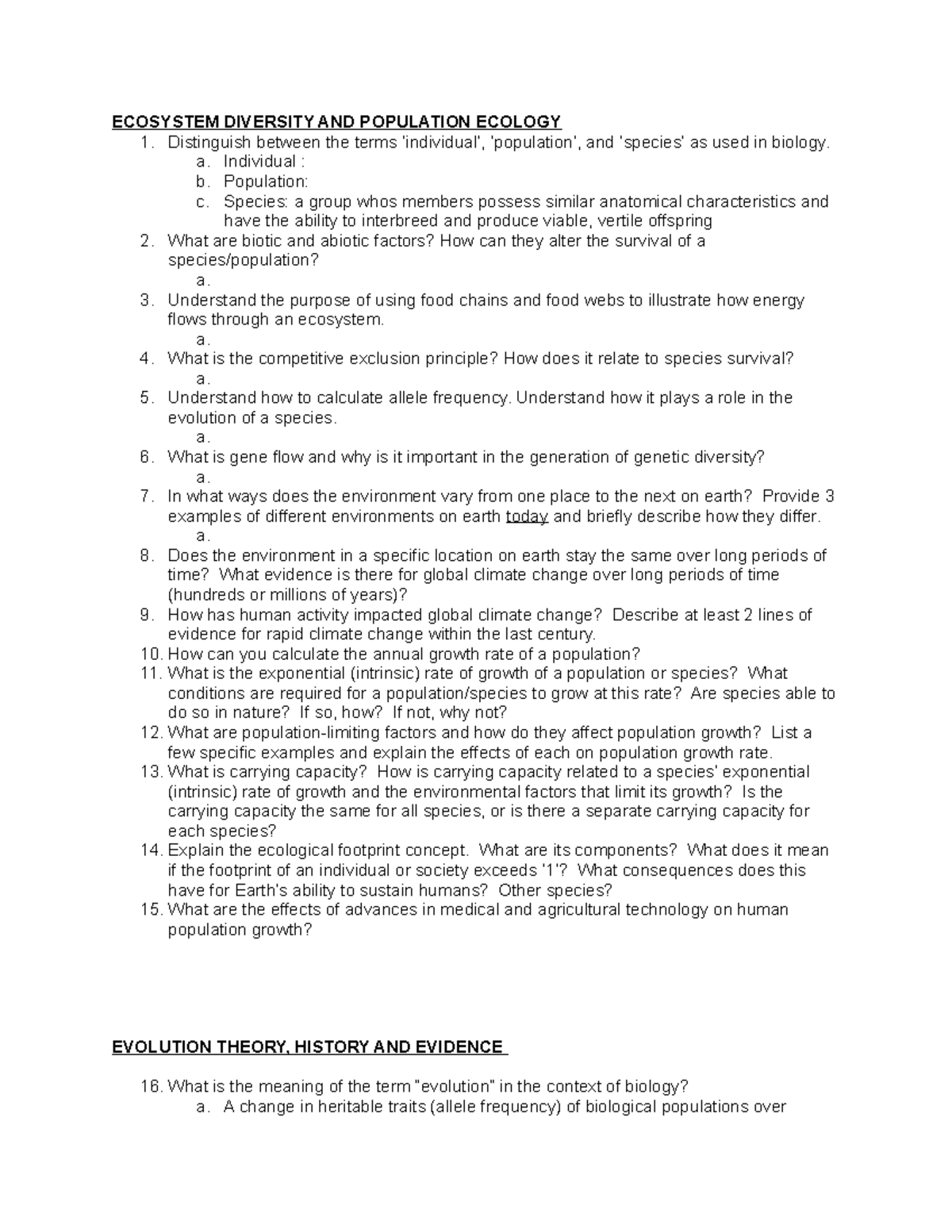 UNIT 5 Study Questions - ECOSYSTEM DIVERSITY AND POPULATION ECOLOGY ...