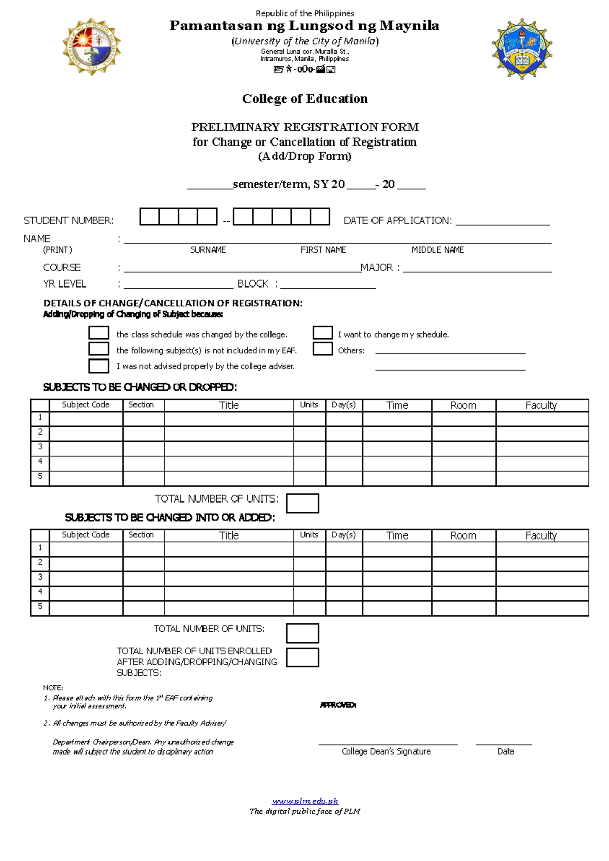 ADD AND DROP FORM 1 - lkjhdsa - Republic of the Philippines Pamantasan ...