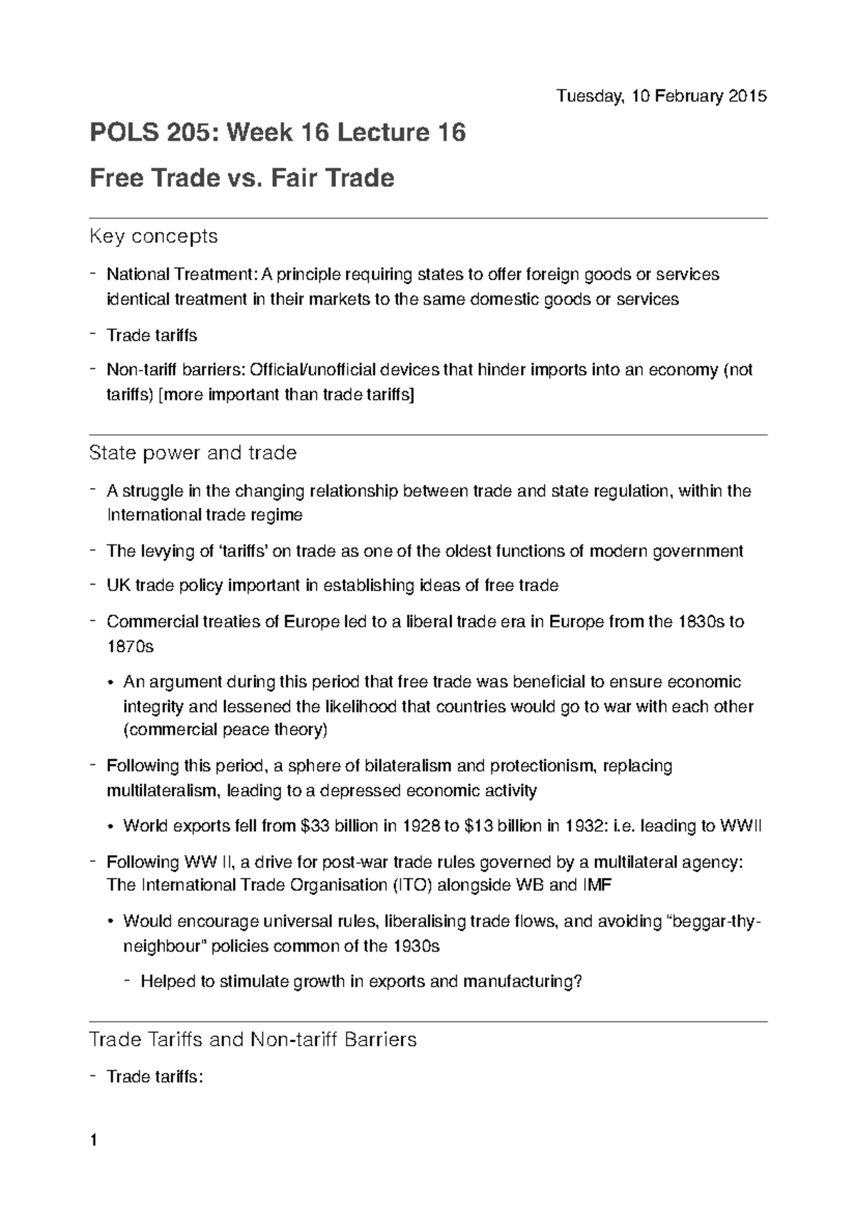 Week 16, Lecture 16: Free Trade vs. Fair Trade - Tuesday, 10 February ...