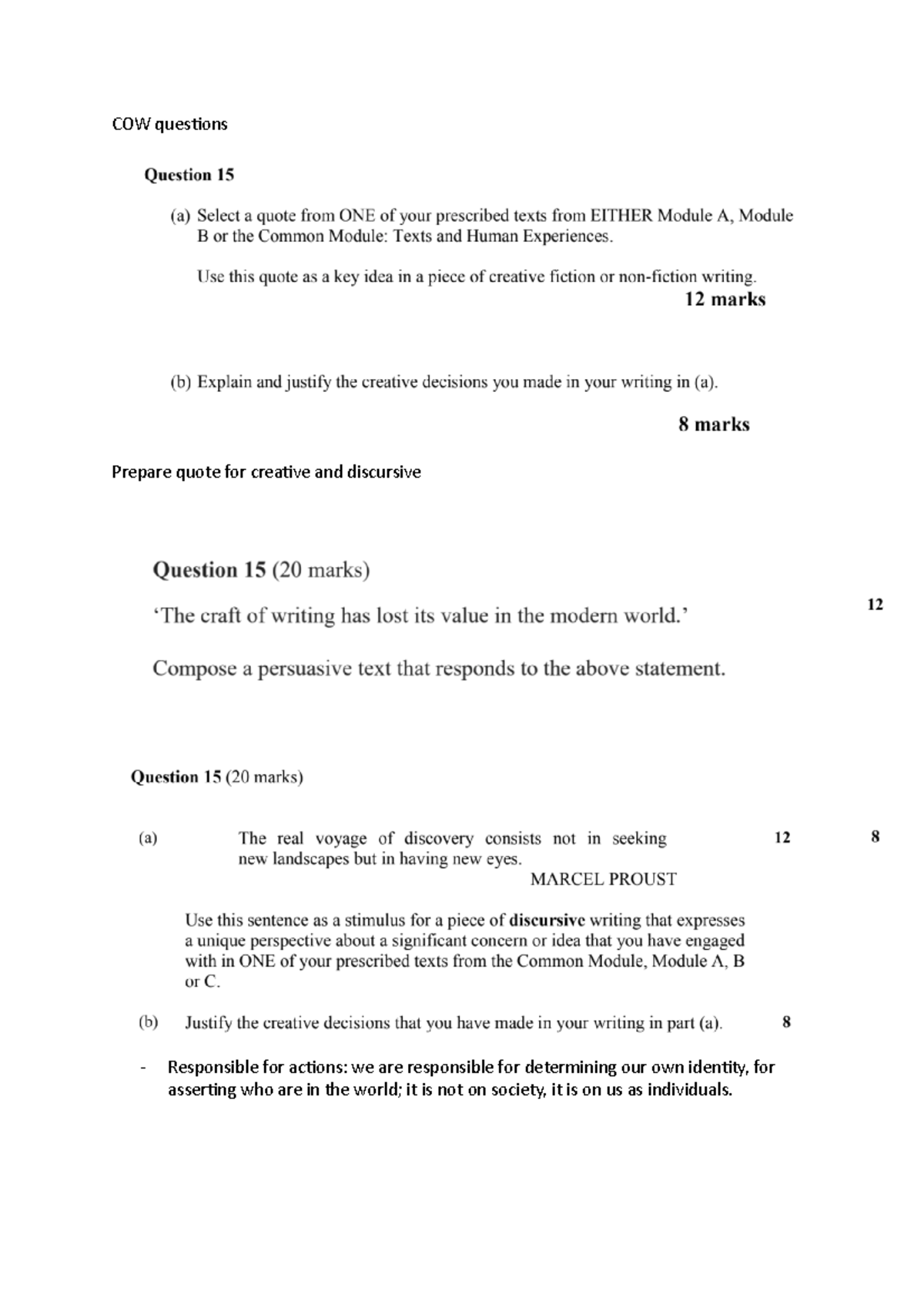 COW questions - COW questions Prepare quote for creative and discursive ...