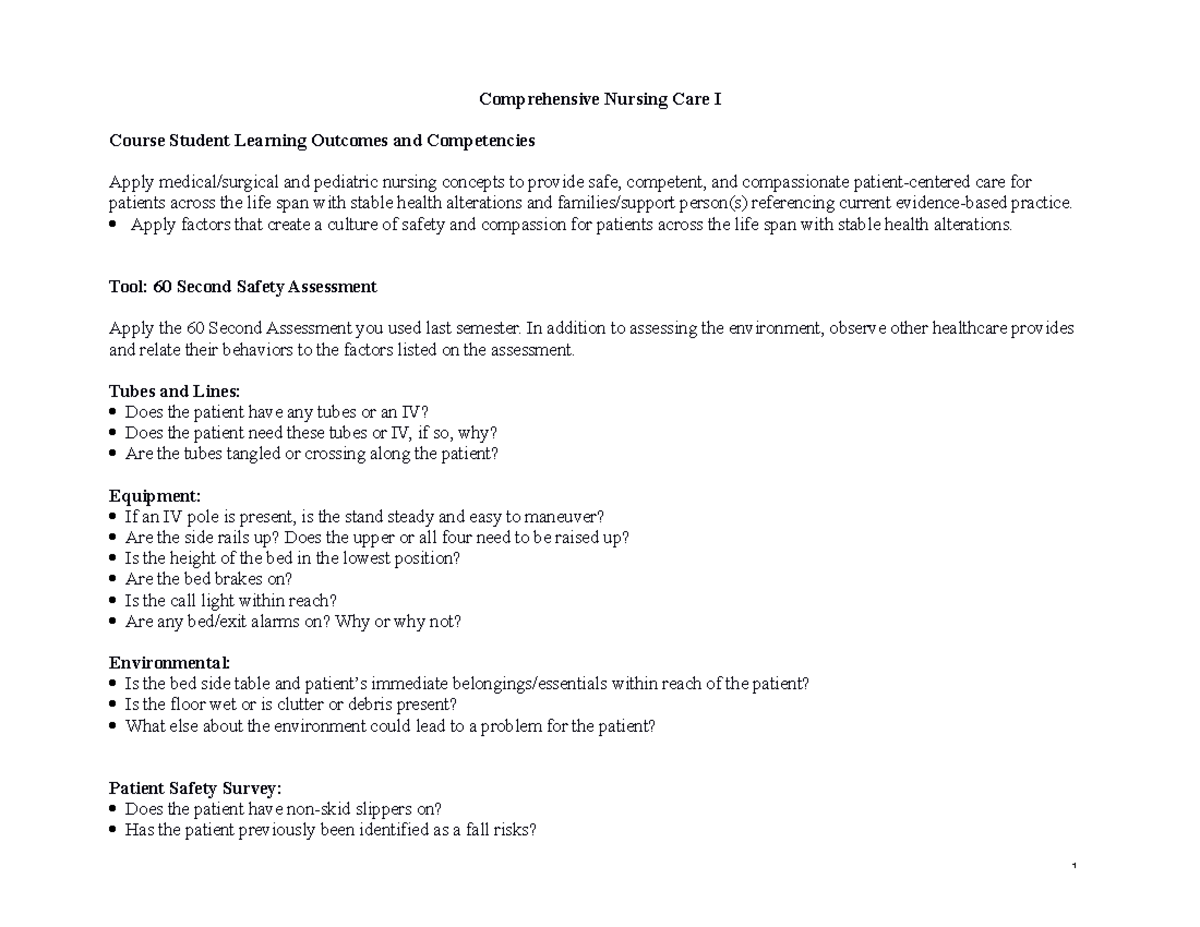 Safety Tool - Comprehensive Nursing Care I Course Student Learning ...