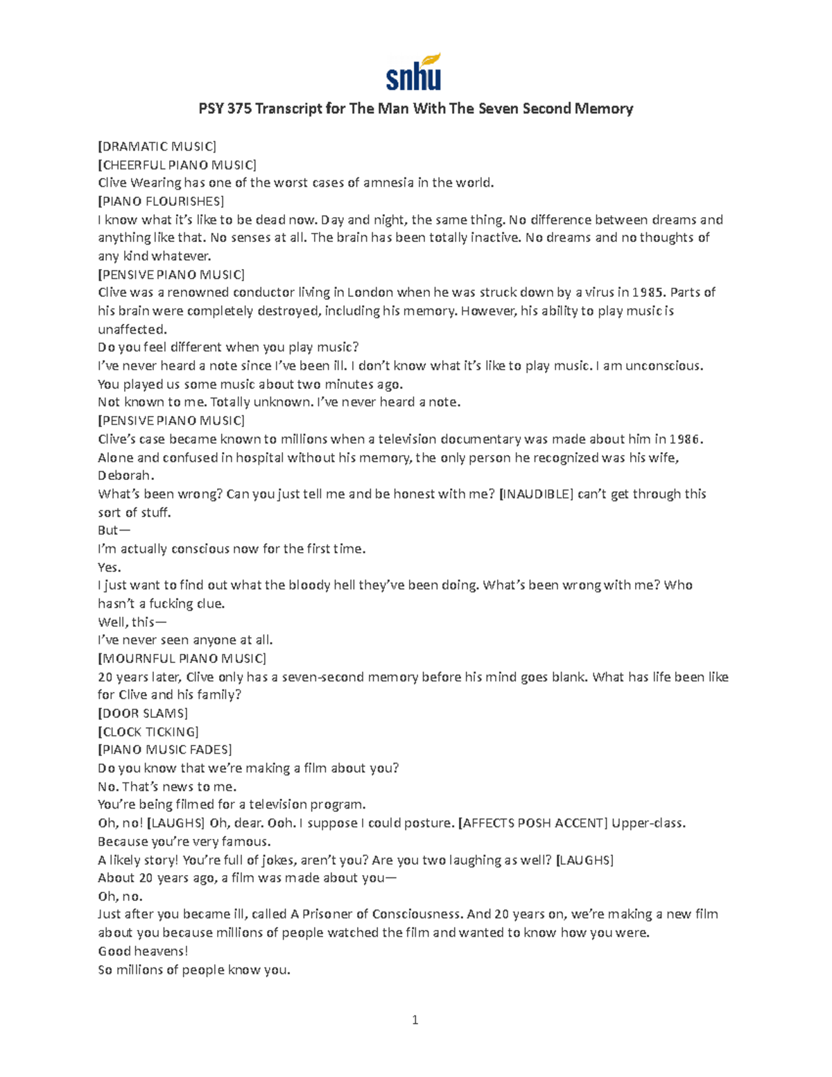 PSY 375 Transcript for The Man With the Seven Second Memory - [PIANO ...