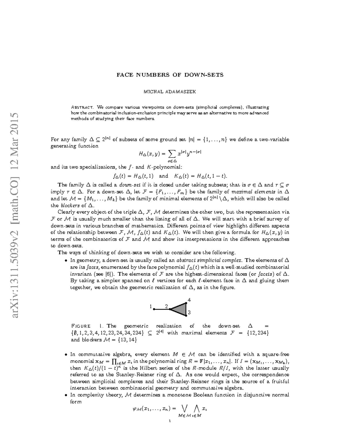 1311 - Cours - FACE NUMBERS OF DOWN-SETS MICHAL ADAMASZEK Abstract. We ...