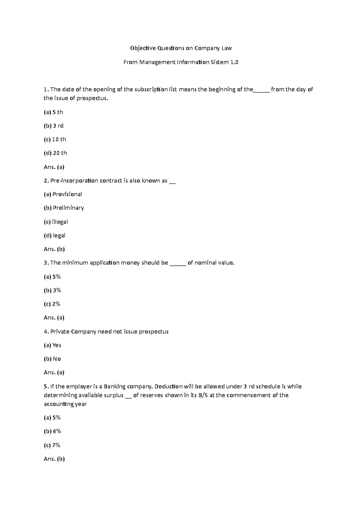 Objective Questions On Company Law From Management Information Sistem 1
