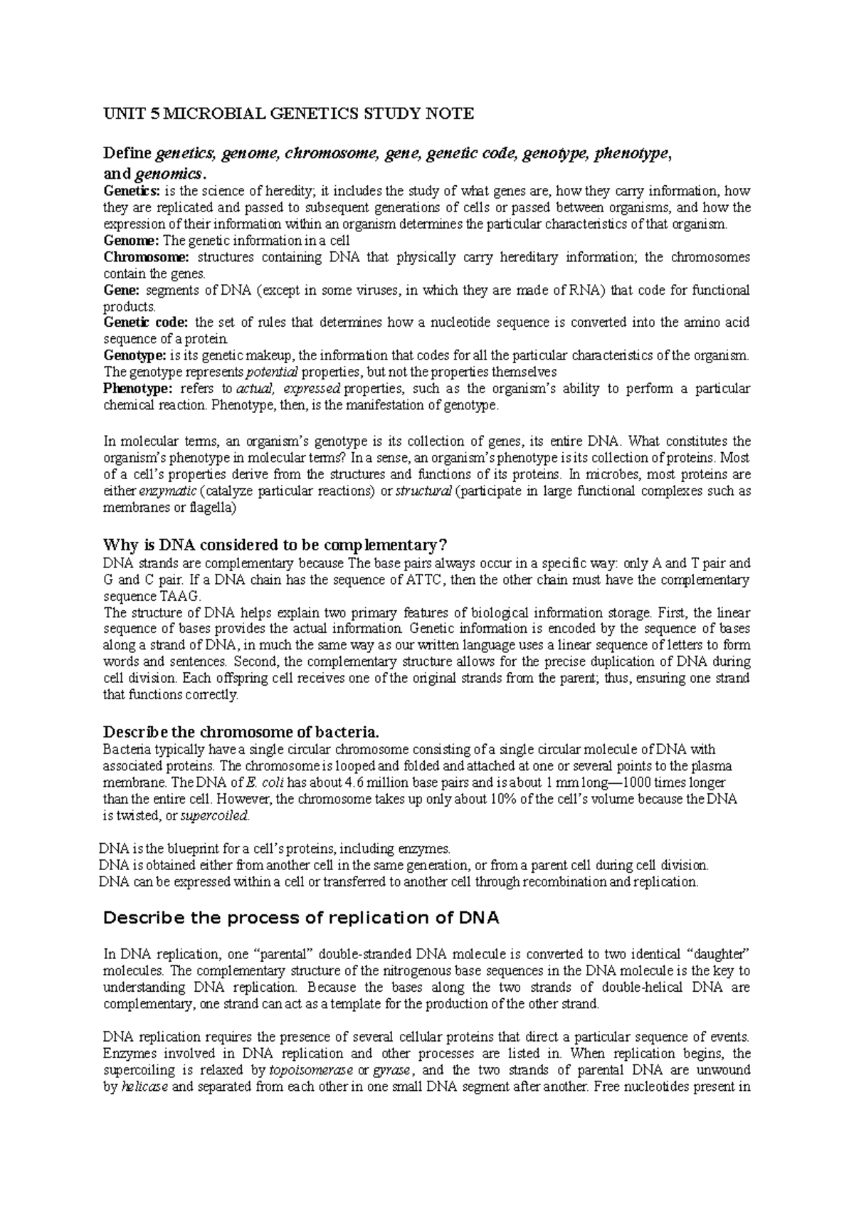 UNIT 5 study note - UNIT 5 MICROBIAL GENETICS STUDY NOTE Define ...