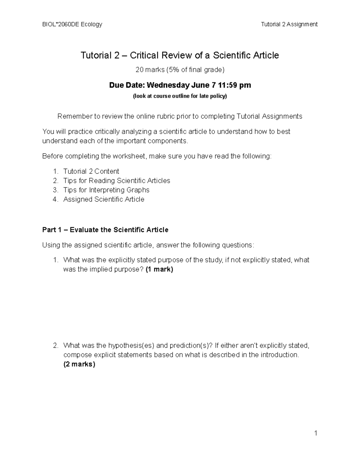 Tutorial 2-Assignment - Tutorial 2 – Critical Review of a Scientific ...