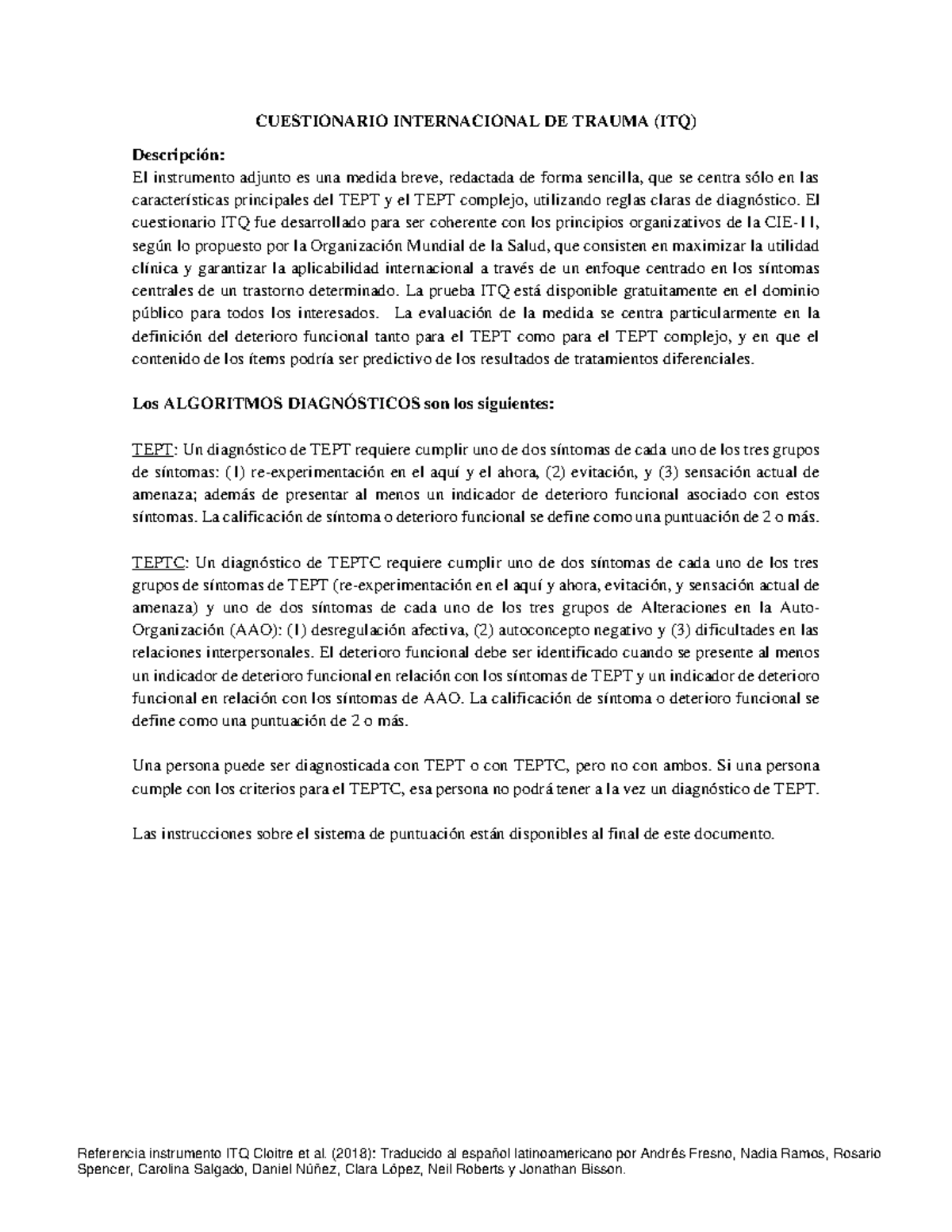 ITQ (Cuestionario Internacional de Trauma) - Referencia instrumento ITQ ...