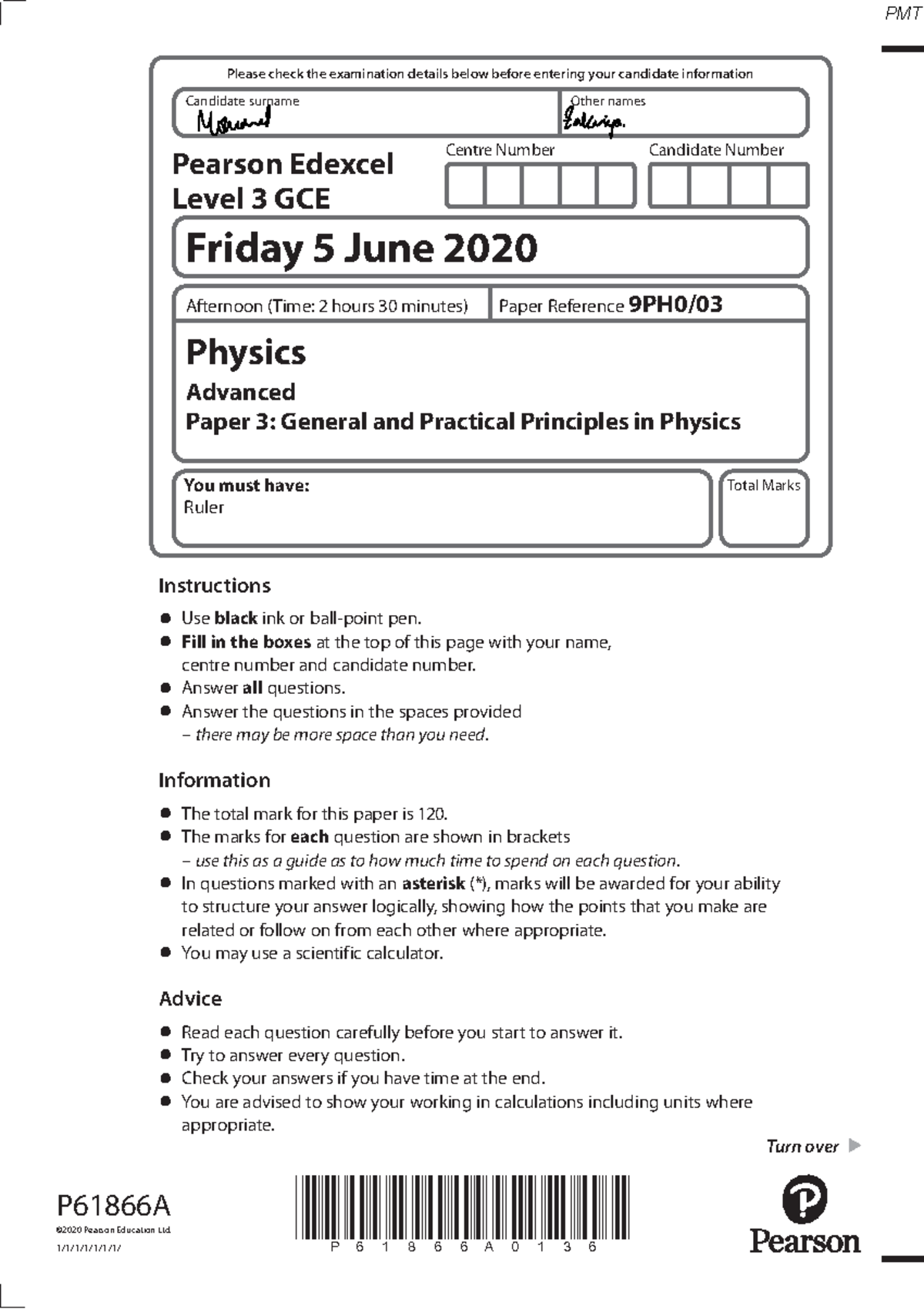 June 2020 QP - Paper 3 Edexcel Physics A-level - Please check the examination details below ...