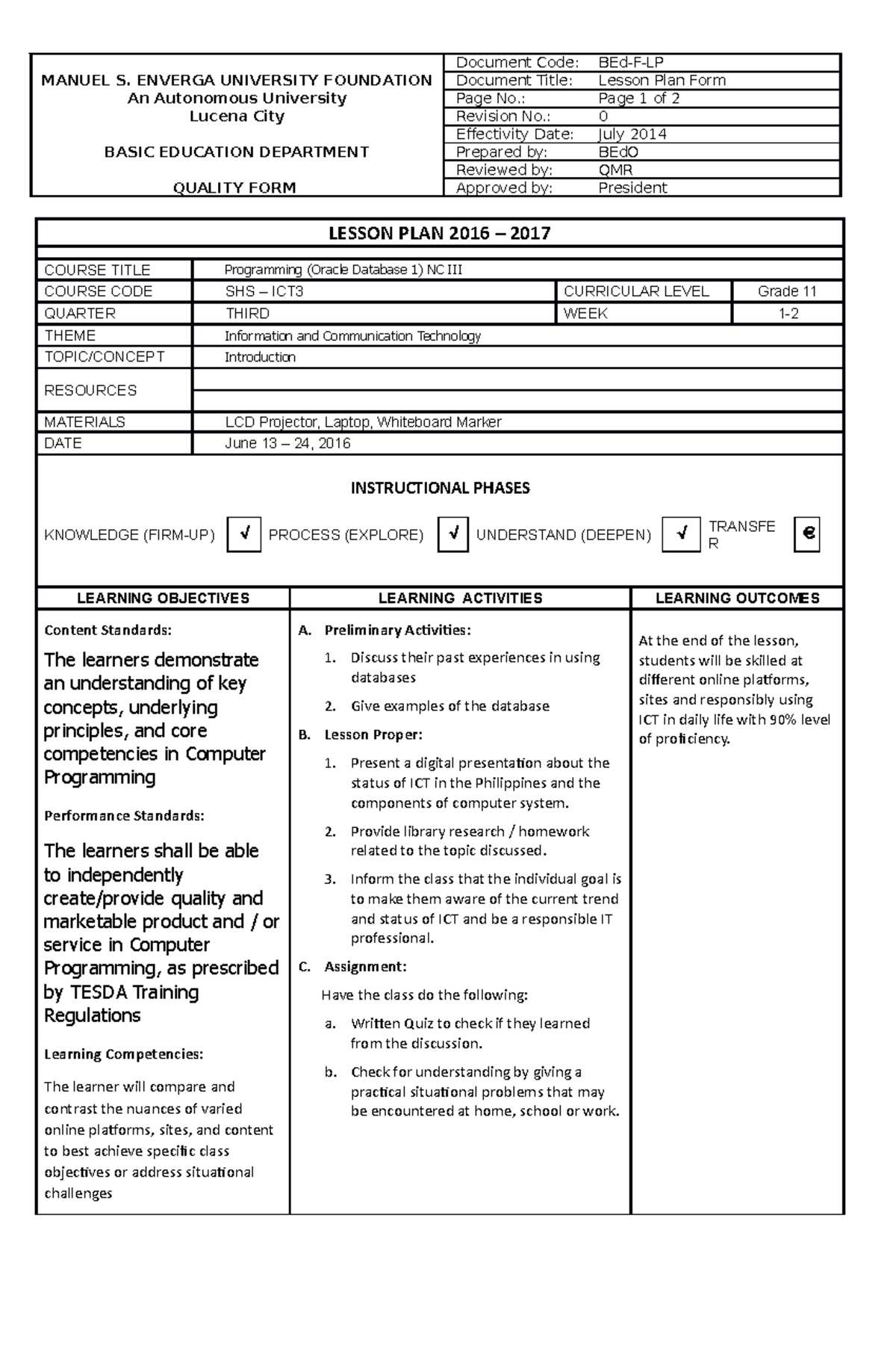 SHS Lesson Plan Oracle Week1 2 - Document Code: BEd-F-LP MANUEL S ...