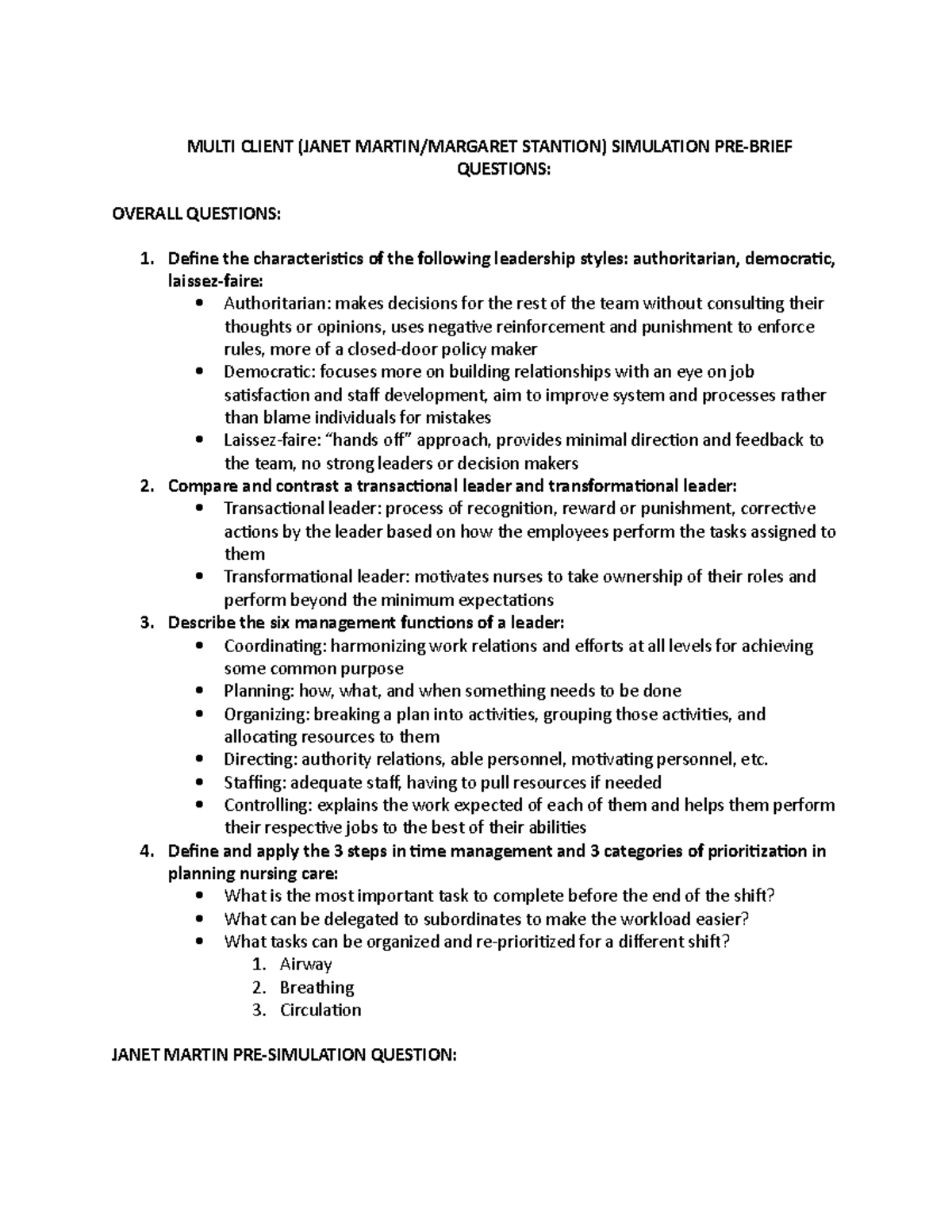 Multi Client Simulation Multi Client Janet Martinmargaret Stantion Simulation Pre Brief