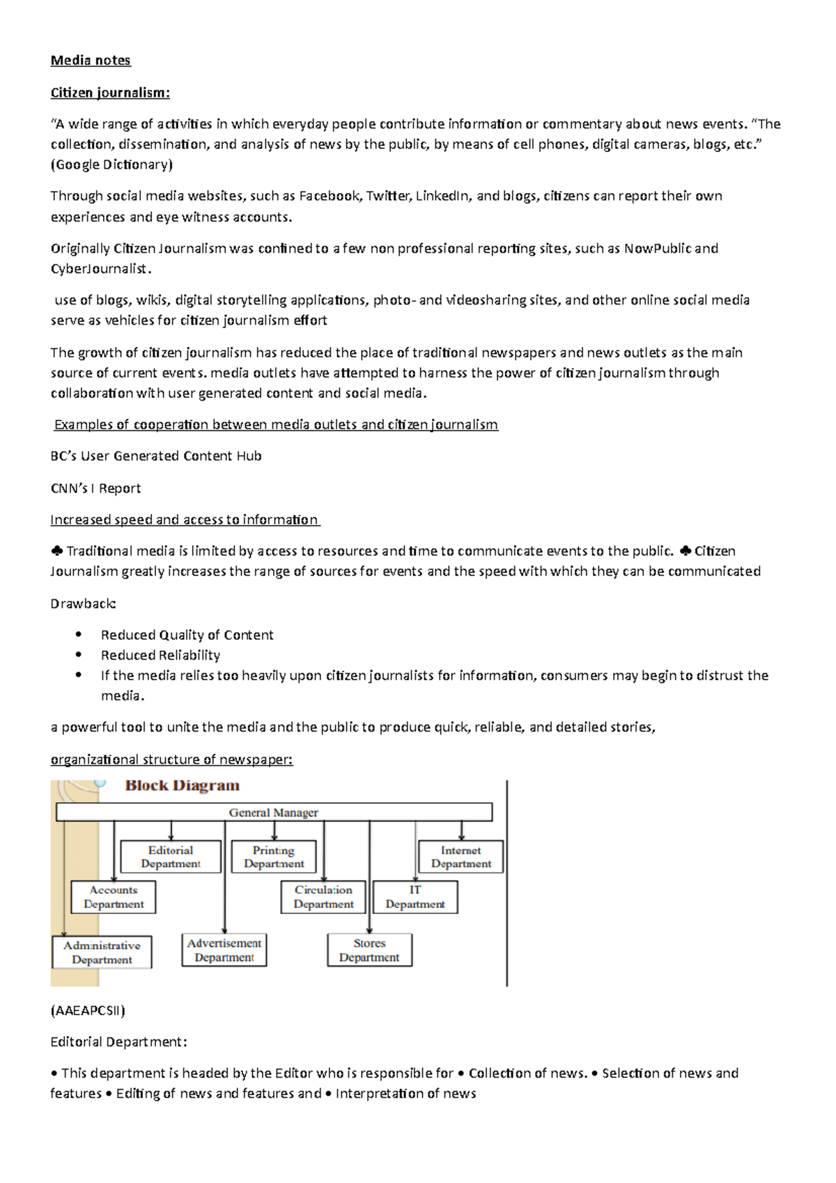Media - Lecture notes 7-10 - Media notes Ciizen journalism: “A wide ...