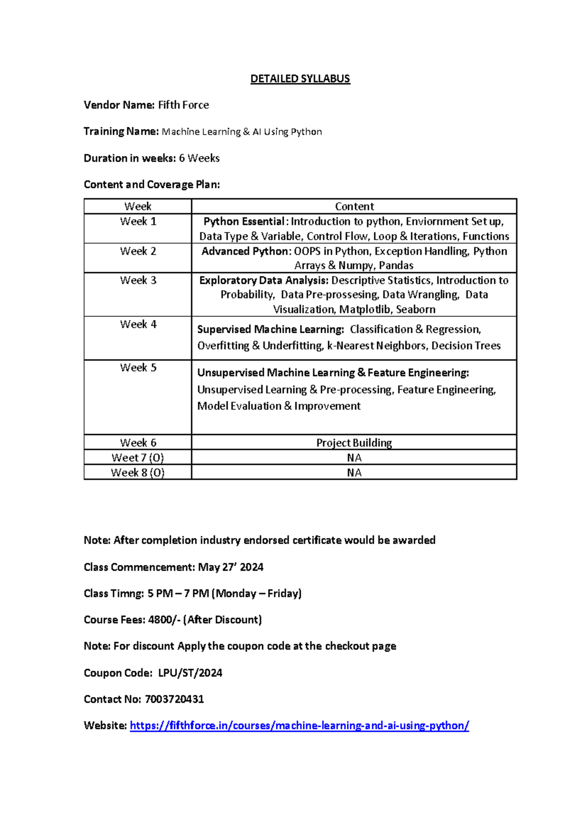 Machine Learning & AI Using Python - DETAILED SYLLABUS Vendor Name ...