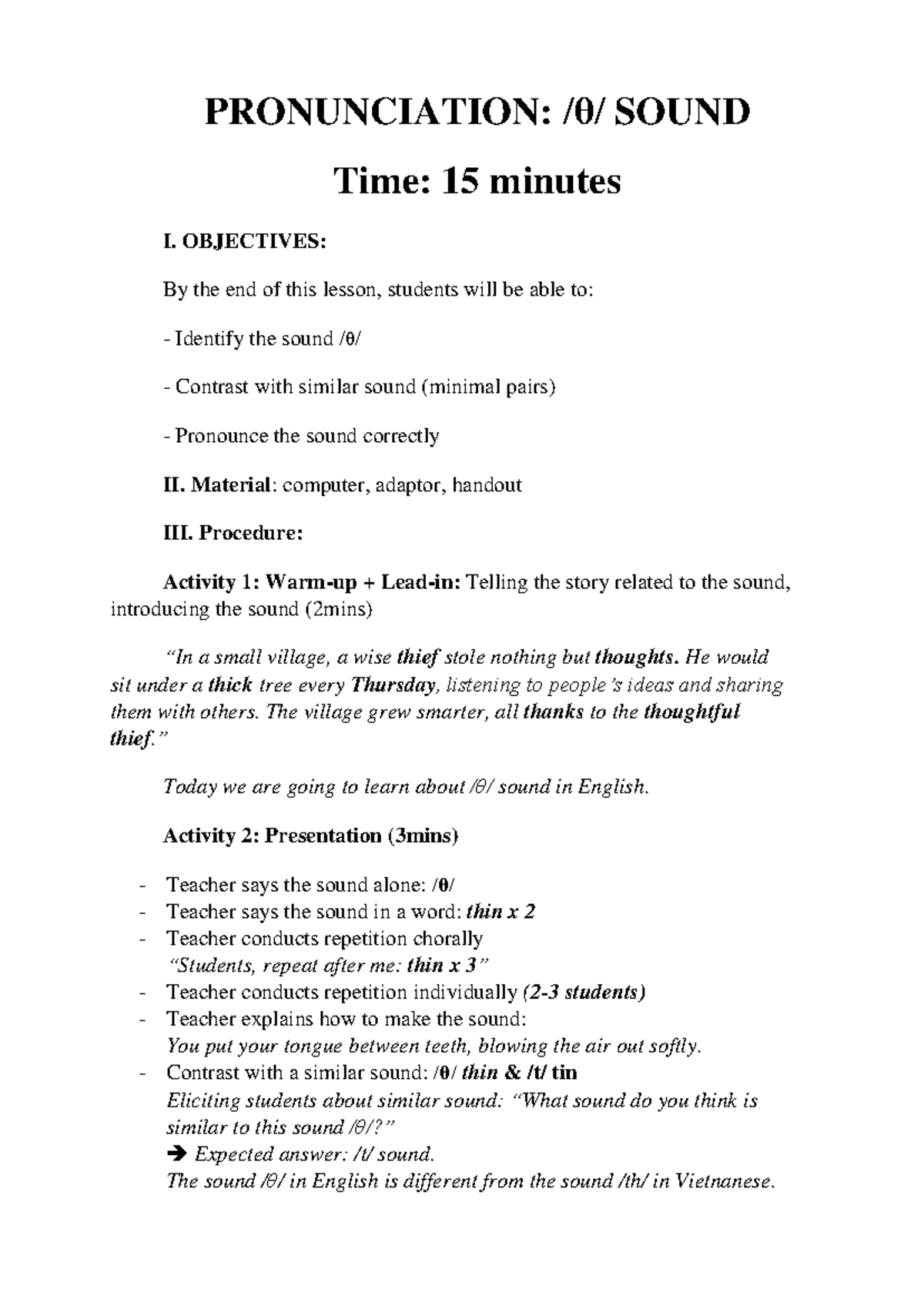 Lesson Plan Pronunciation (detailed) - PRONUNCIATION: /θ/ SOUND Time ...