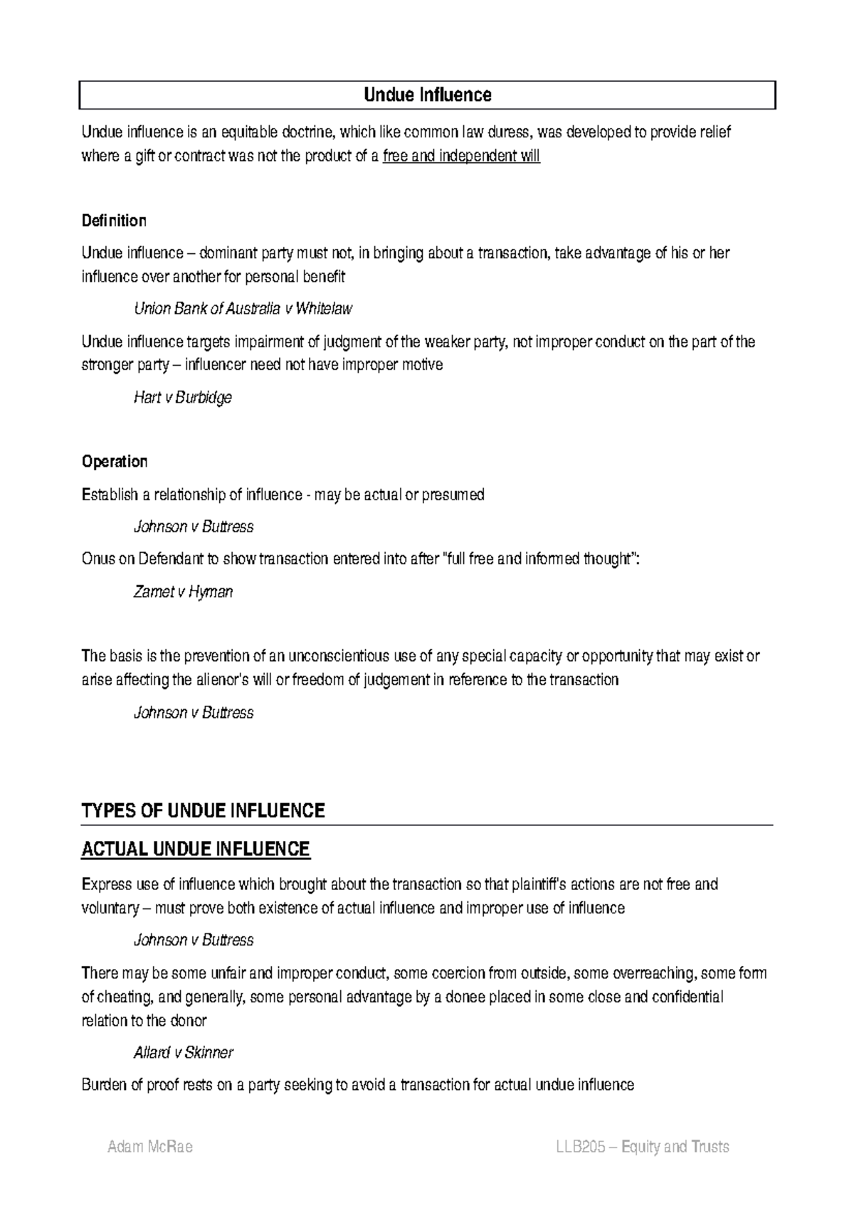 1.0 Equity and Contract - Undue influence and Unconscionable Bargains - Undue Influence Undue ...