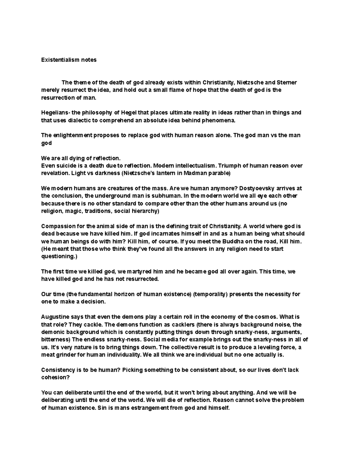 Intro To Philosophy 3 - Existentialism notes The theme of the death of ...