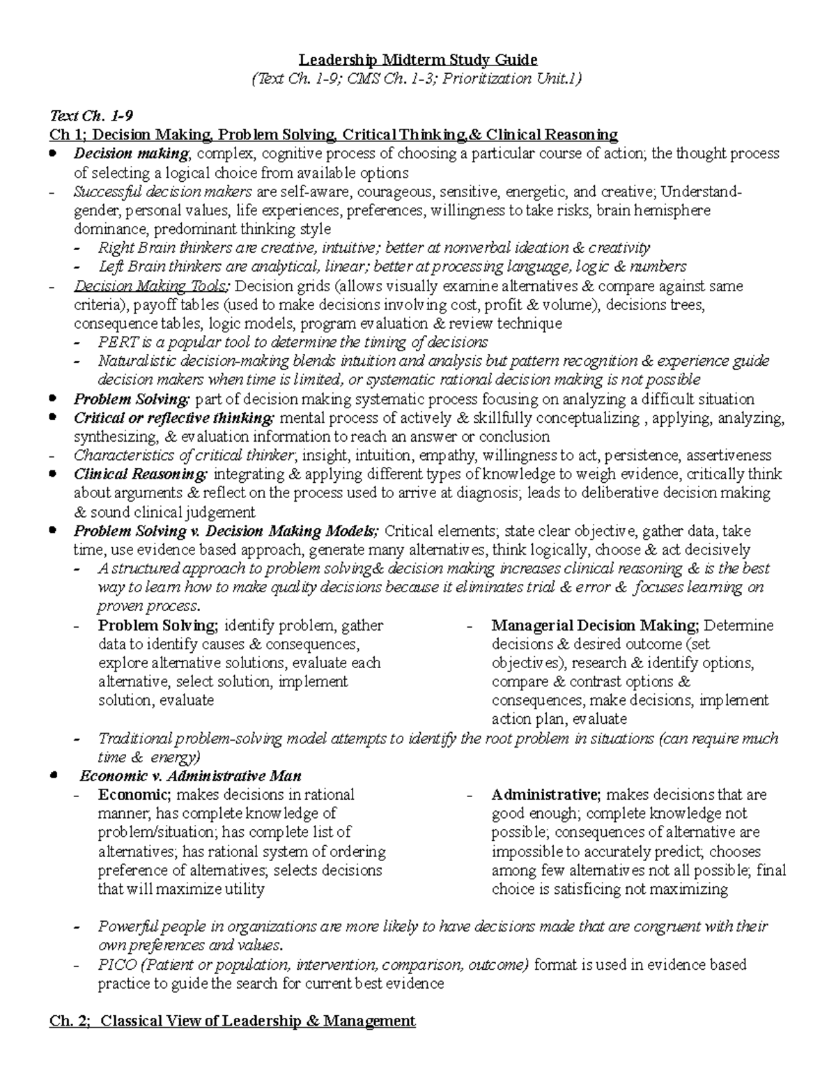 Leadership Midterm Study Guide - 1-9; CMS Ch. 1-3; Prioritization Unit ...