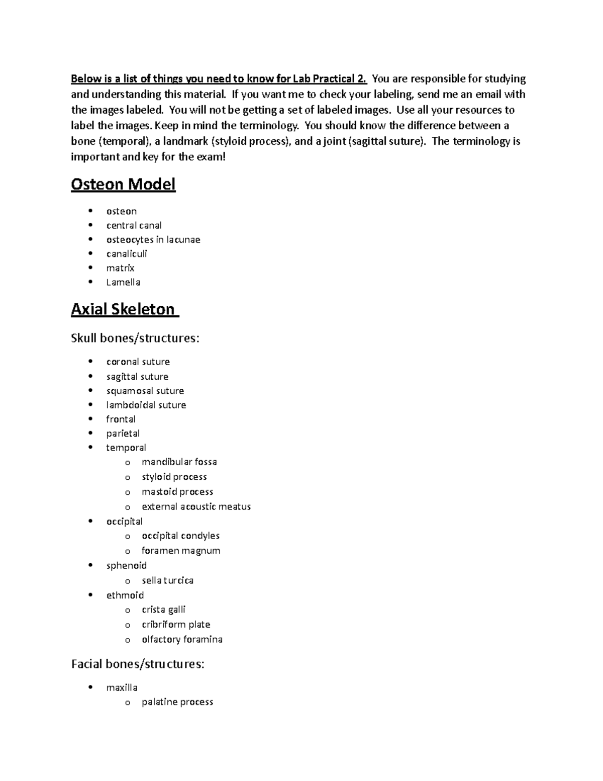 1. Skeletal system lab things to know - Below is a list of things you ...