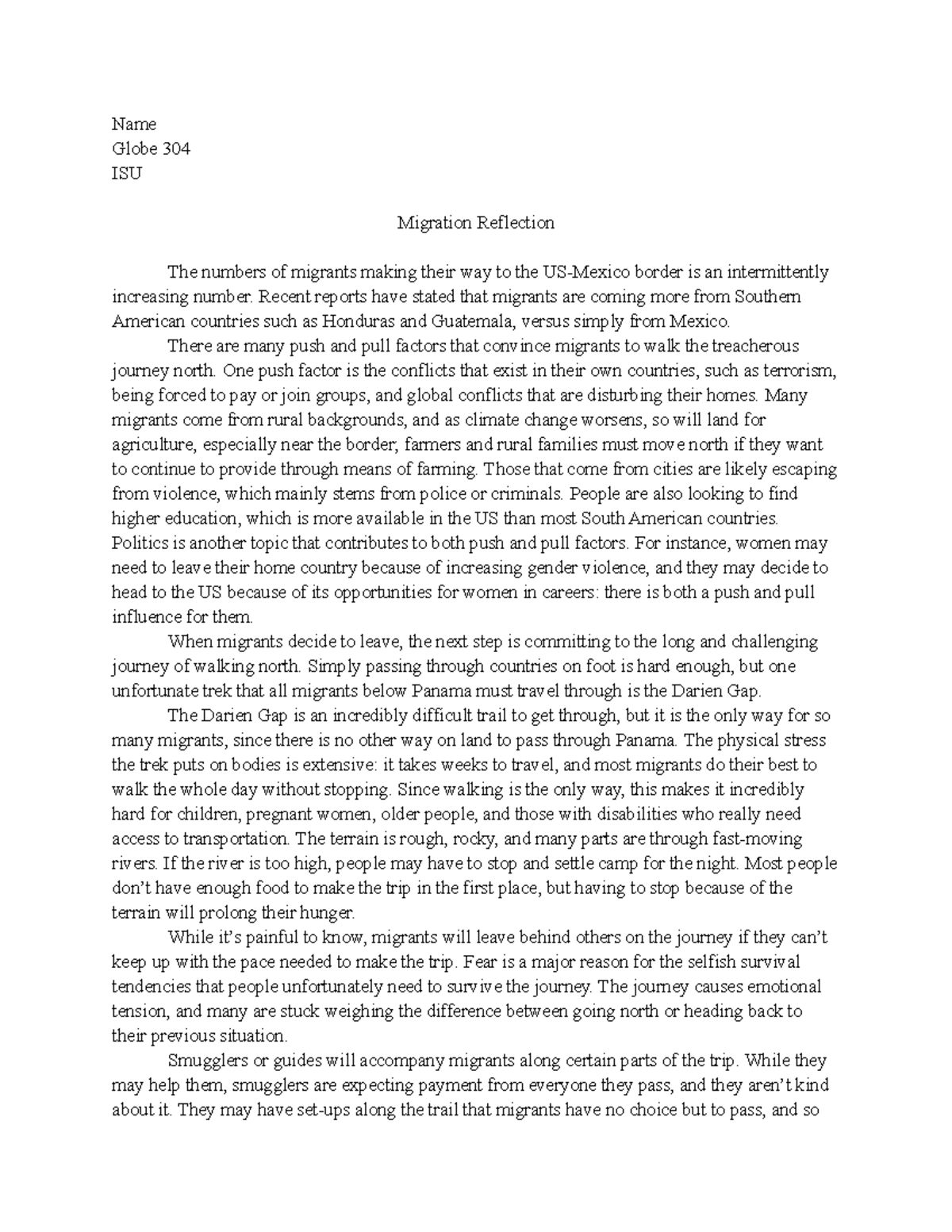 GRS Migration Reflection - Name Globe 304 ISU Migration Reflection The ...