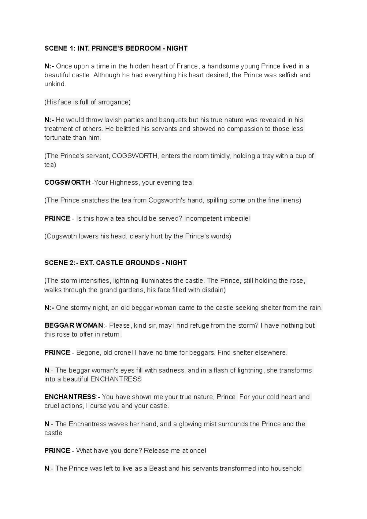 Script - Hope you guys enjoy - SCENE 1: INT. PRINCE'S BEDROOM - NIGHT N ...