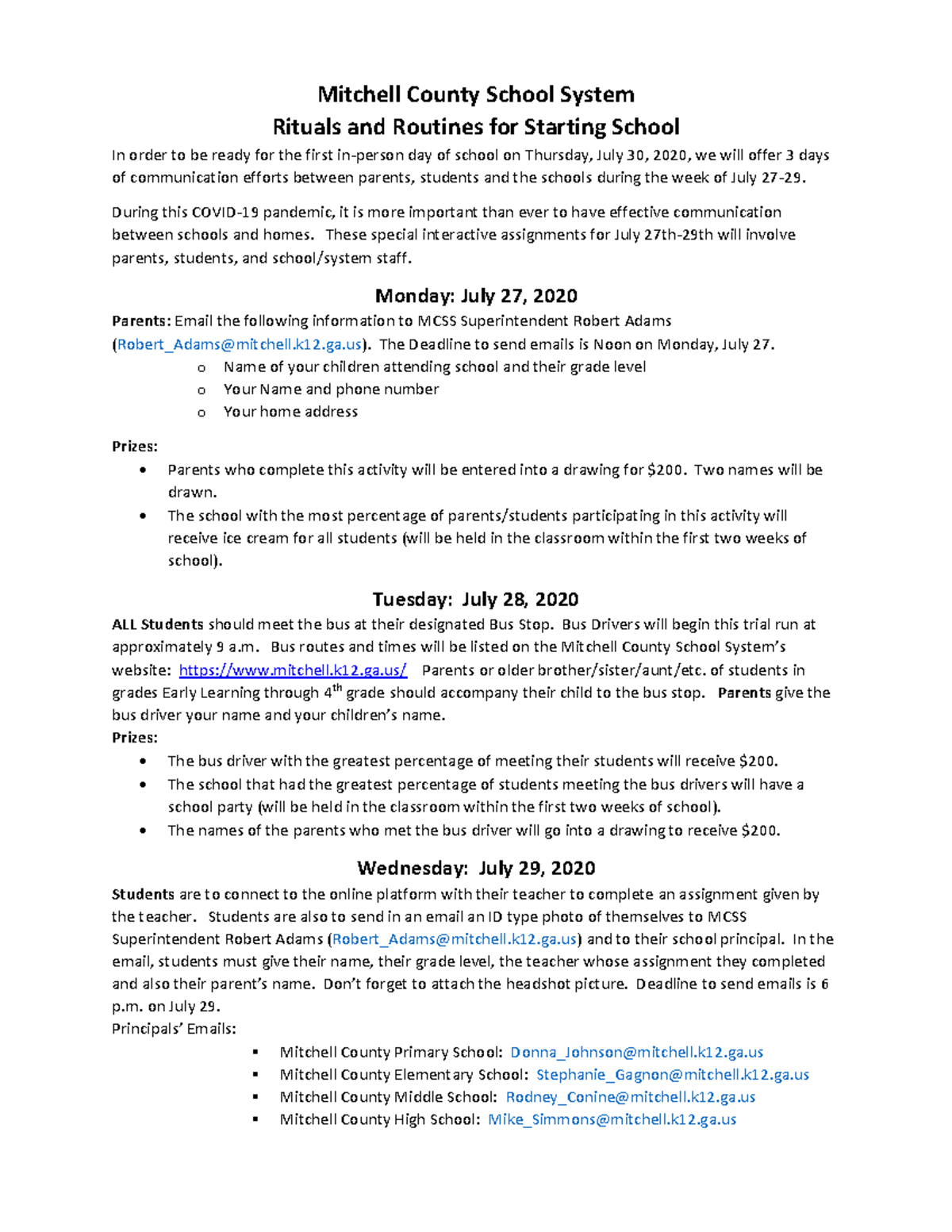 Ritualsand Routines July 27-30 - Mitchell County School System Rituals and Routines for Starting ...