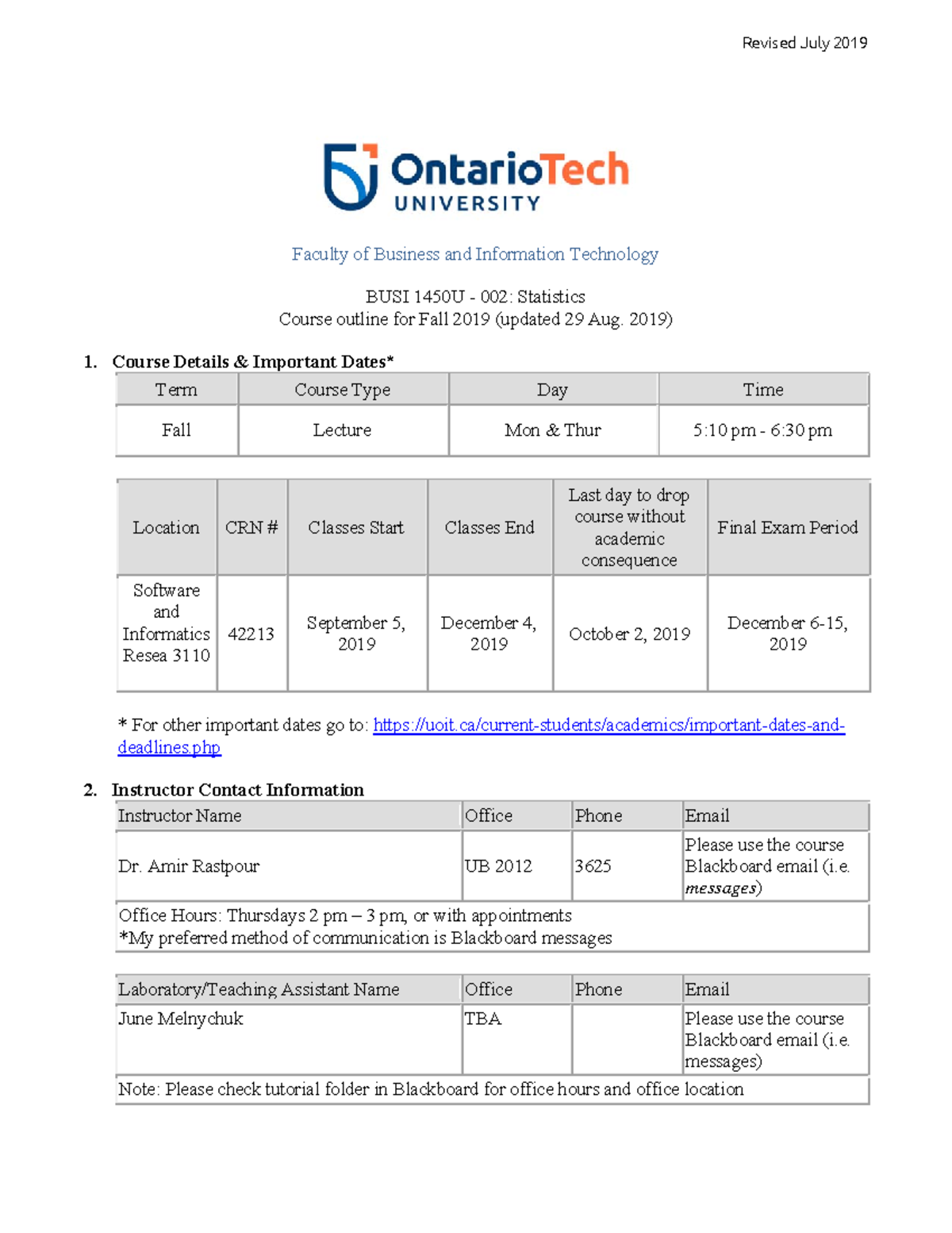 Course outline template.Fall 2019 1450U - 002 - Faculty of Business and ...