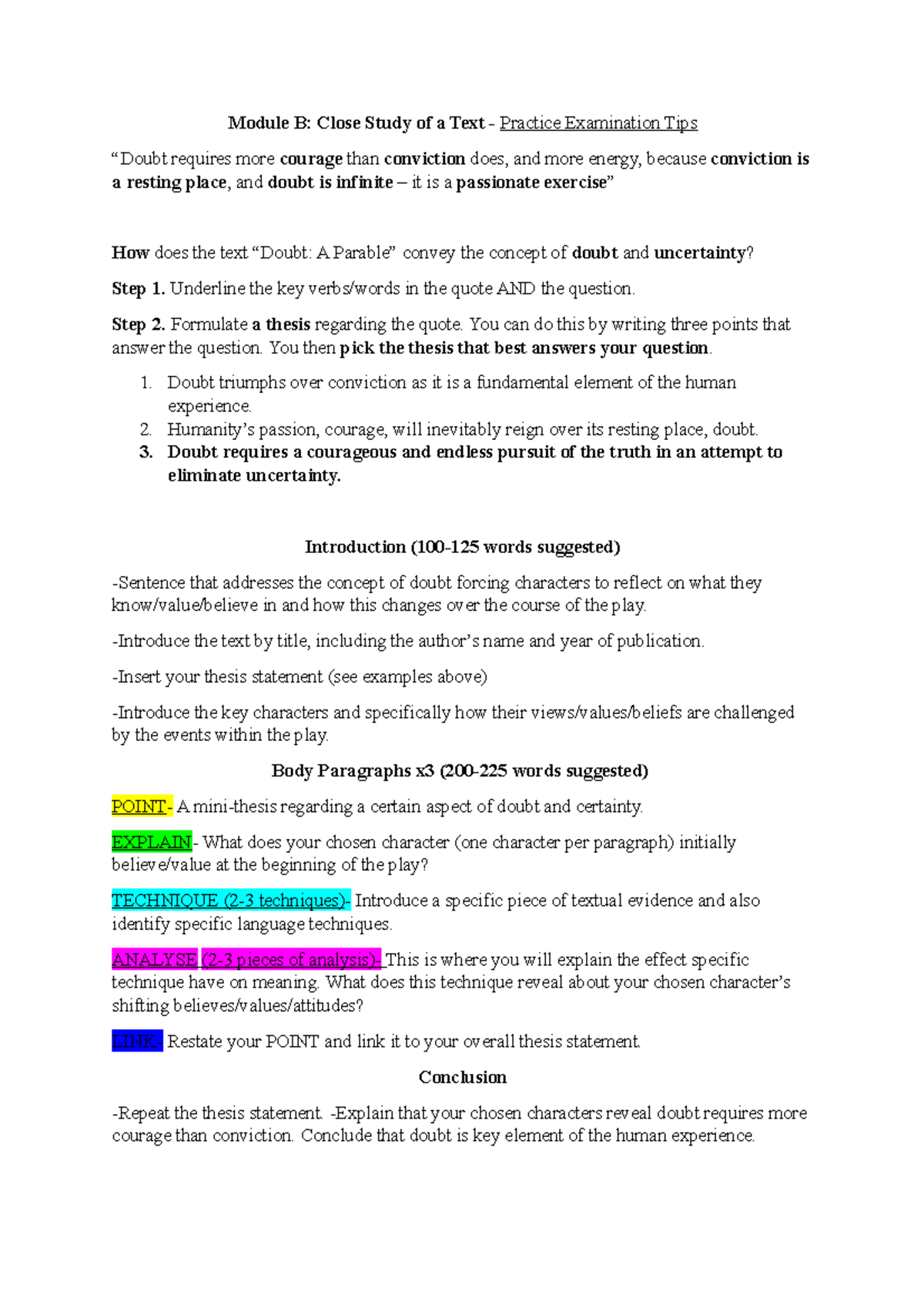 Module B Essay One Sheet Scaffold - Module B: Close Study of a Text ...