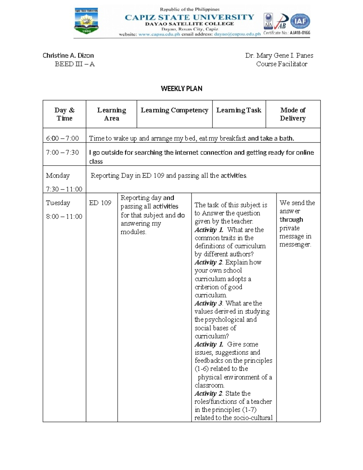 Weekly Learning PLAN Dizon- Christine - Christine A. Dizon Dr. Mary ...