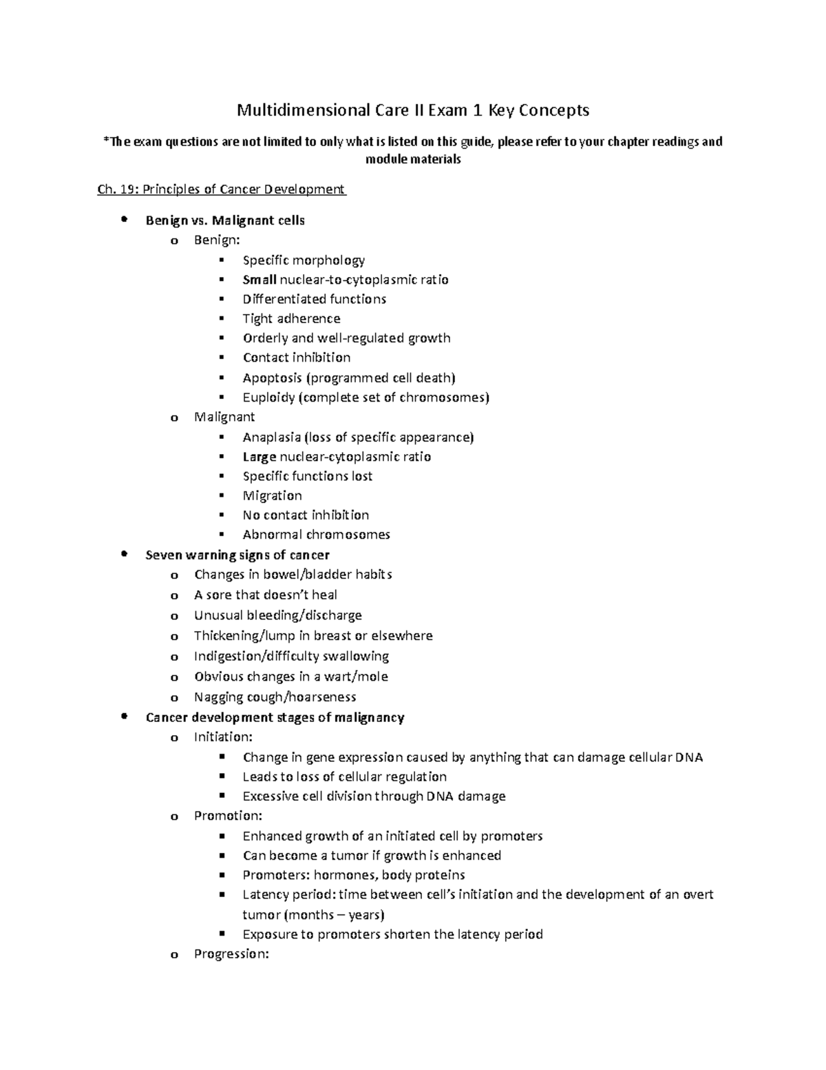 Exam 1 Key Concepts - Multidimensional Care II Exam 1 Key Concepts *The ...