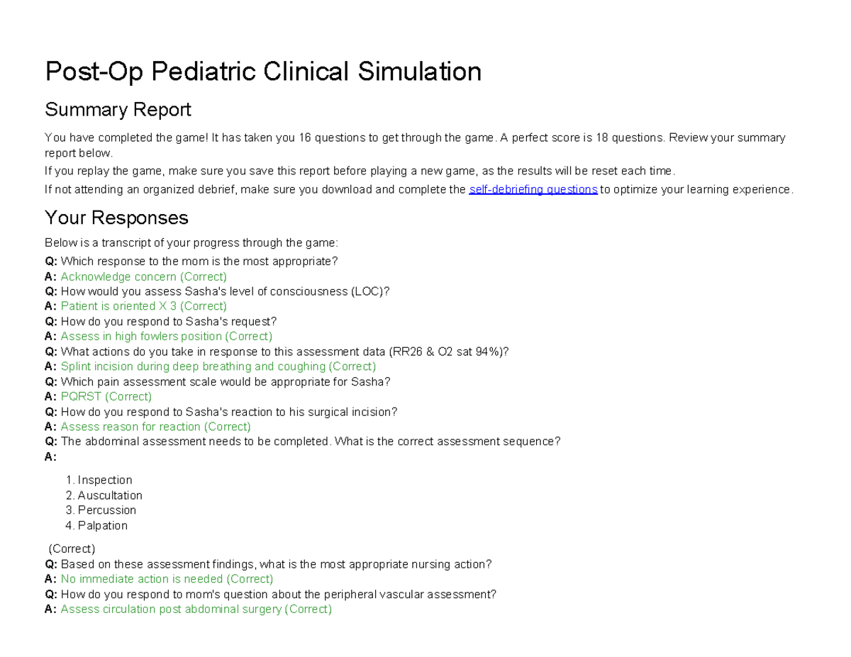Pos-op game report peds - Post-Op Pediatric Clinical Simulation Summary ...