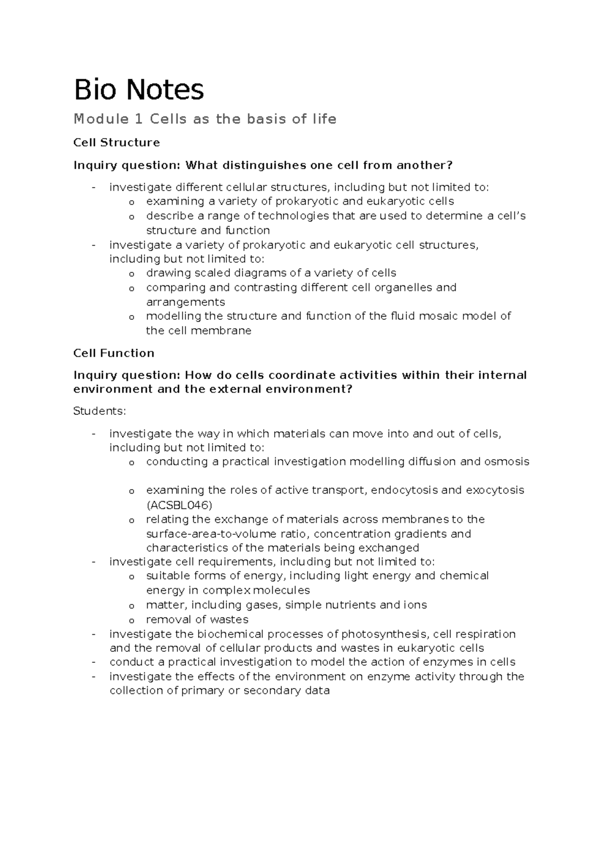Bio Notes - Bio Notes Module 1 Cells as the basis of life Cell ...