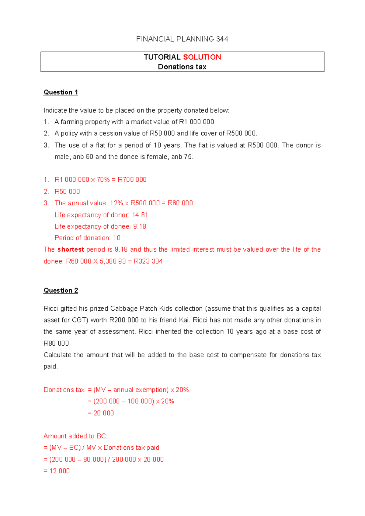 Donations tax Solution - FINANCIAL PLANNING 344 TUTORIAL SOLUTION Donations tax Question 1 ...