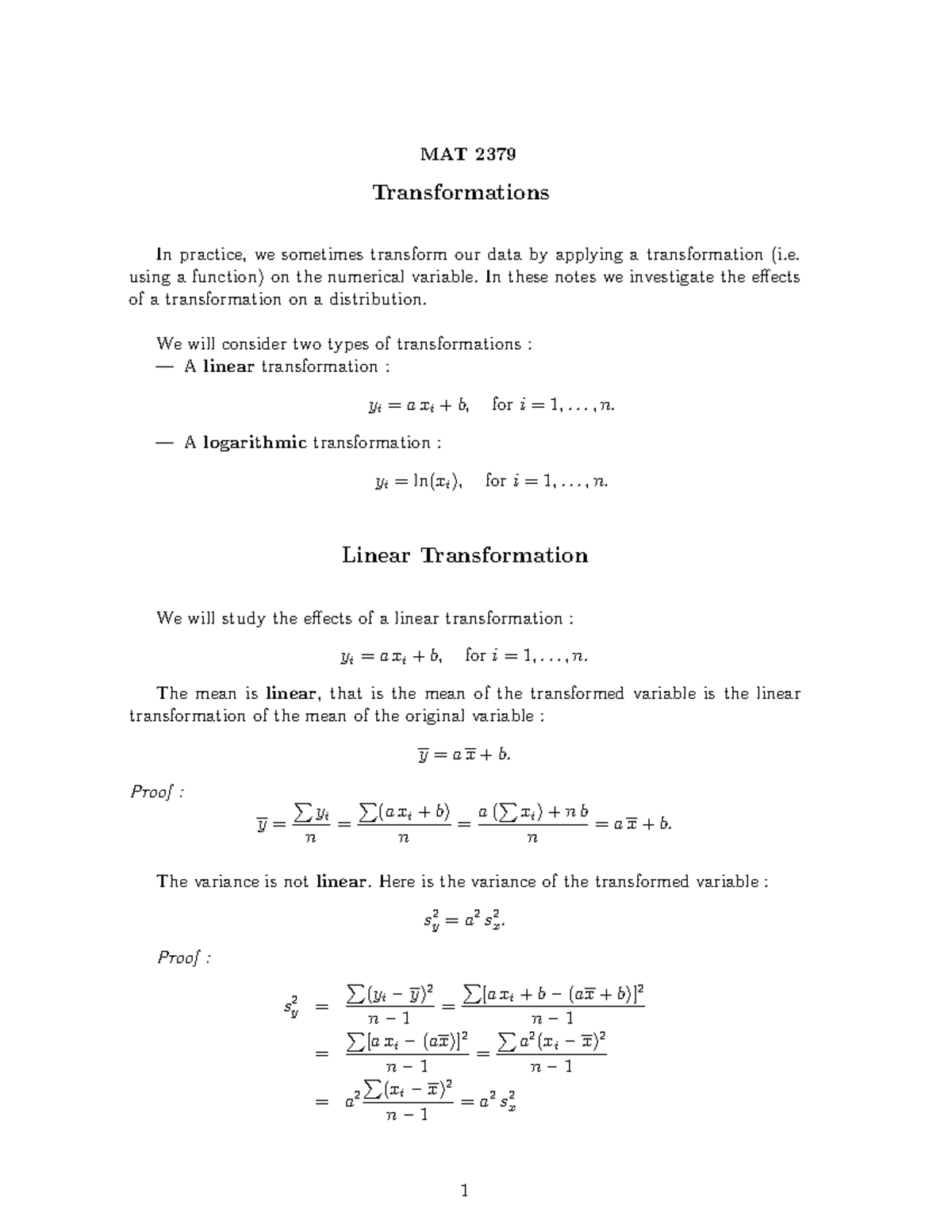 Lec 6 - Transformations - MAT 2379 Transformations In practice, we ...