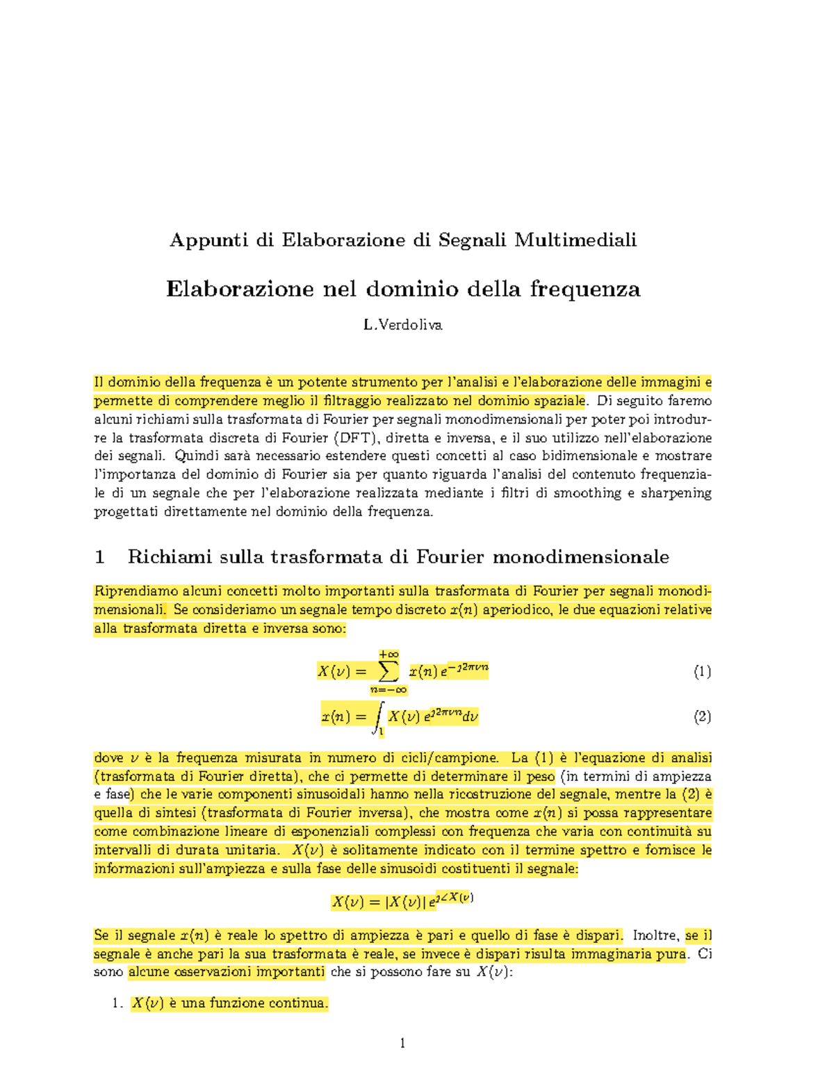 Appunti Elaborazione Nel Dominio Della Frequenza Appunti Di