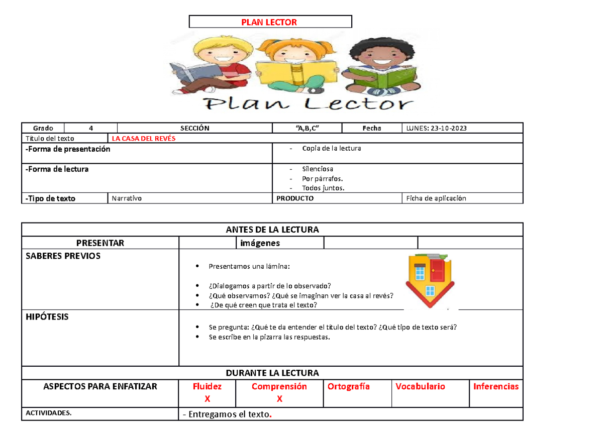 Plan Lector semn 4 oct - PLAN LECTOR Grado 4 SECCIÓN “A,B,C” Fecha ...