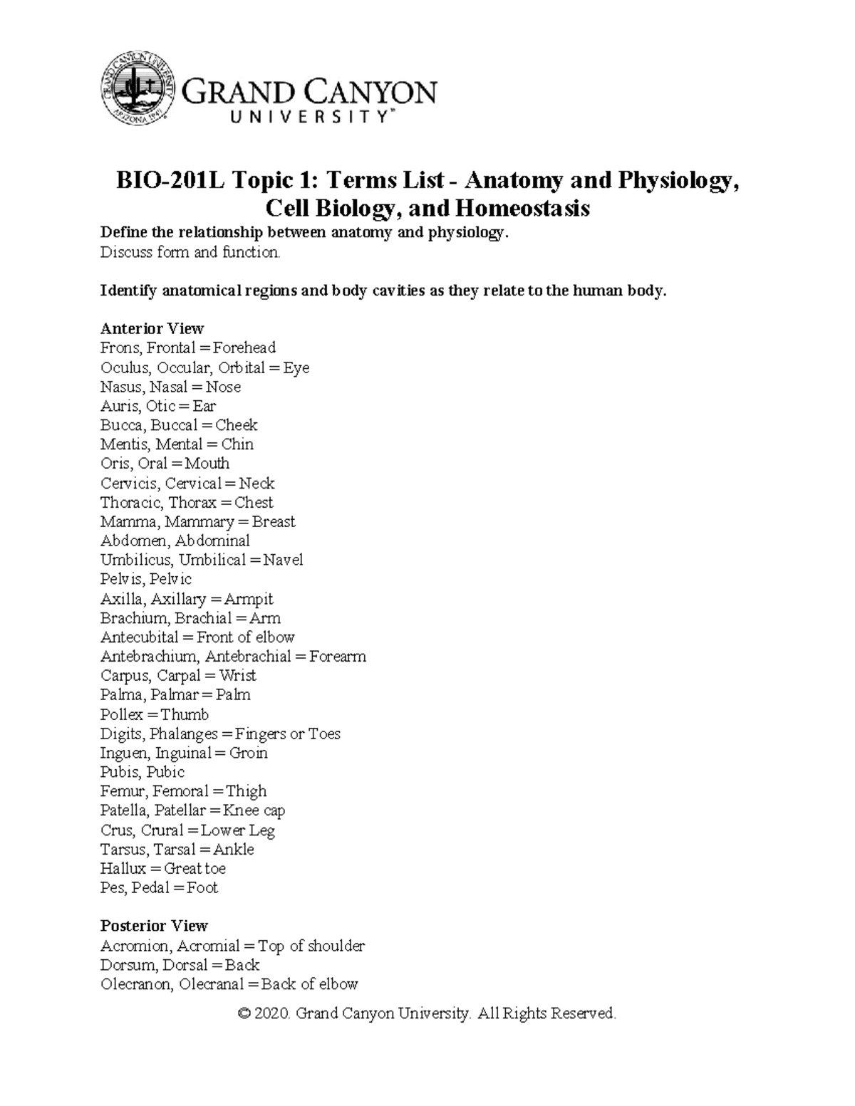 BIO 201L RS Topic 1 Terms List Anatomy Physiology Cell Biology And ...