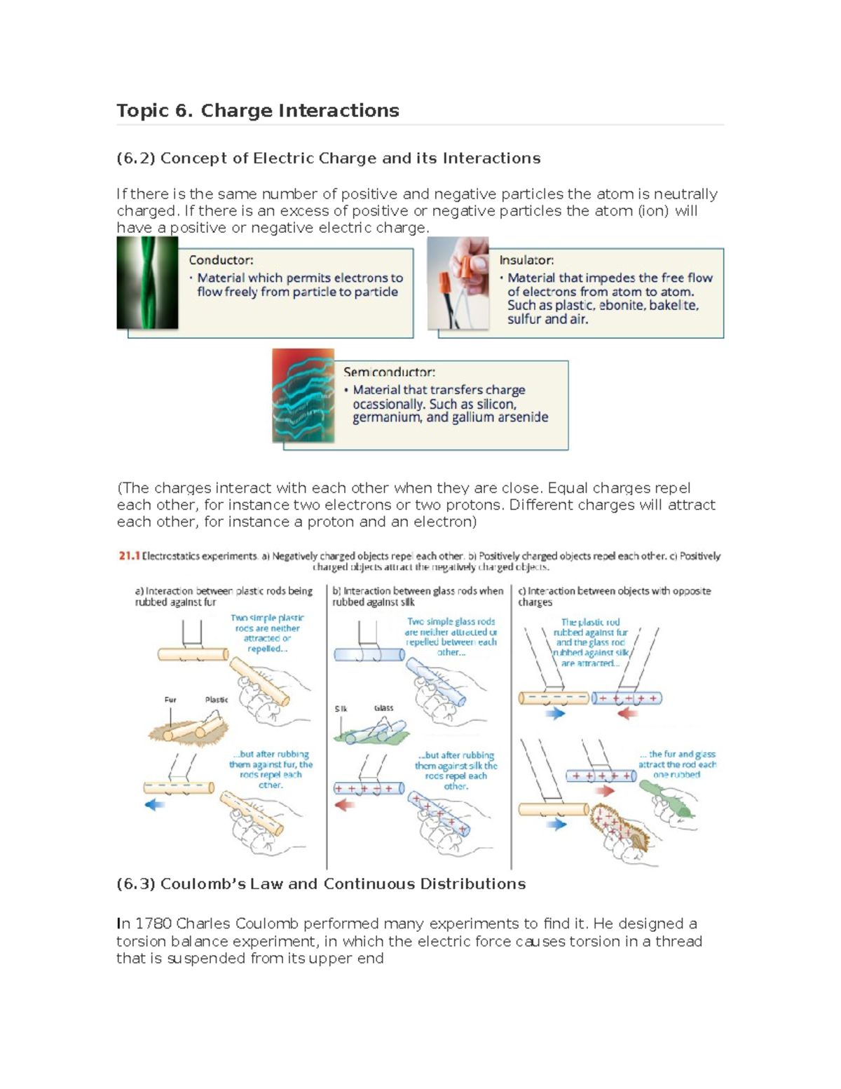Topic 6 - yes - Topic 6. Charge Interactions (6) Concept of Electric Charge and its Interactions ...
