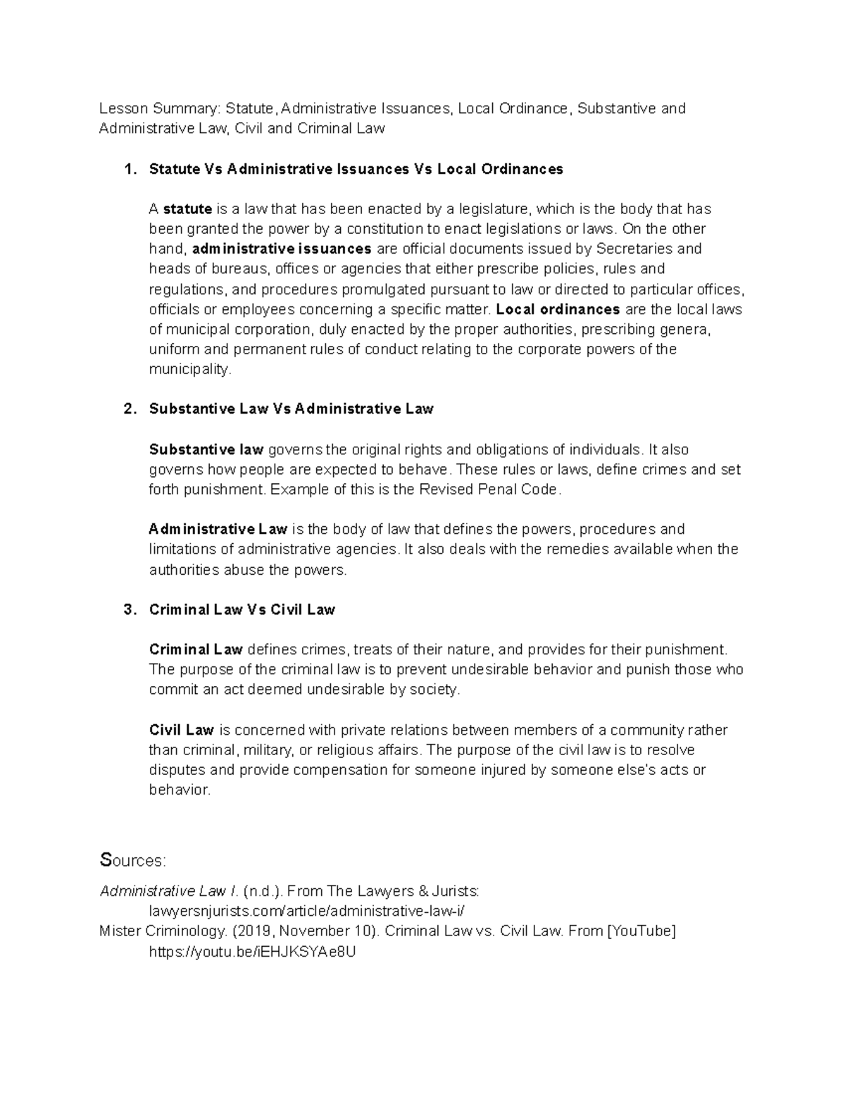 Statute, Administrative Issuances, Local Ordinance, Substantive and ...