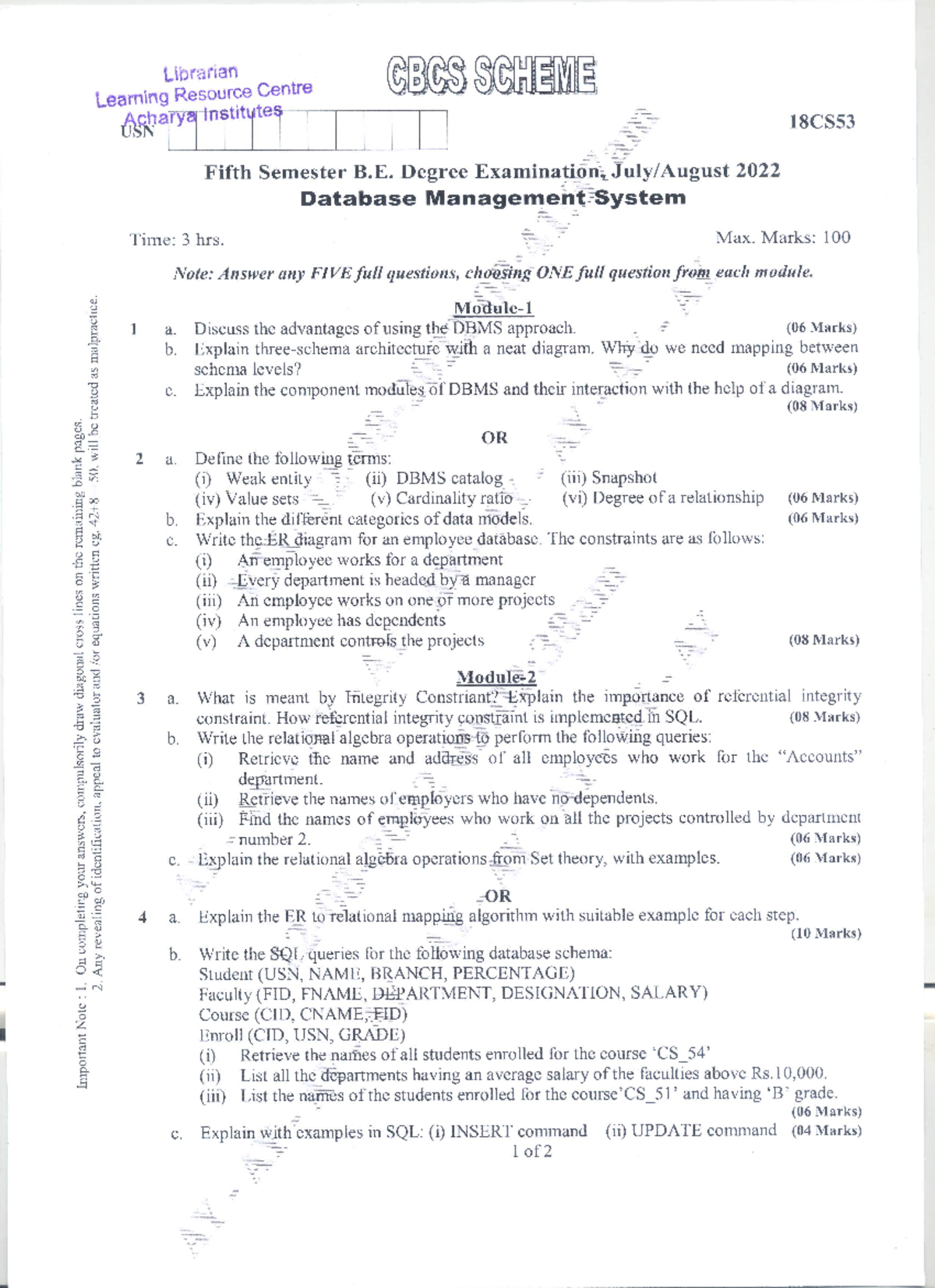 18CS53 July August 2022 - Dbms, cse - Studocu