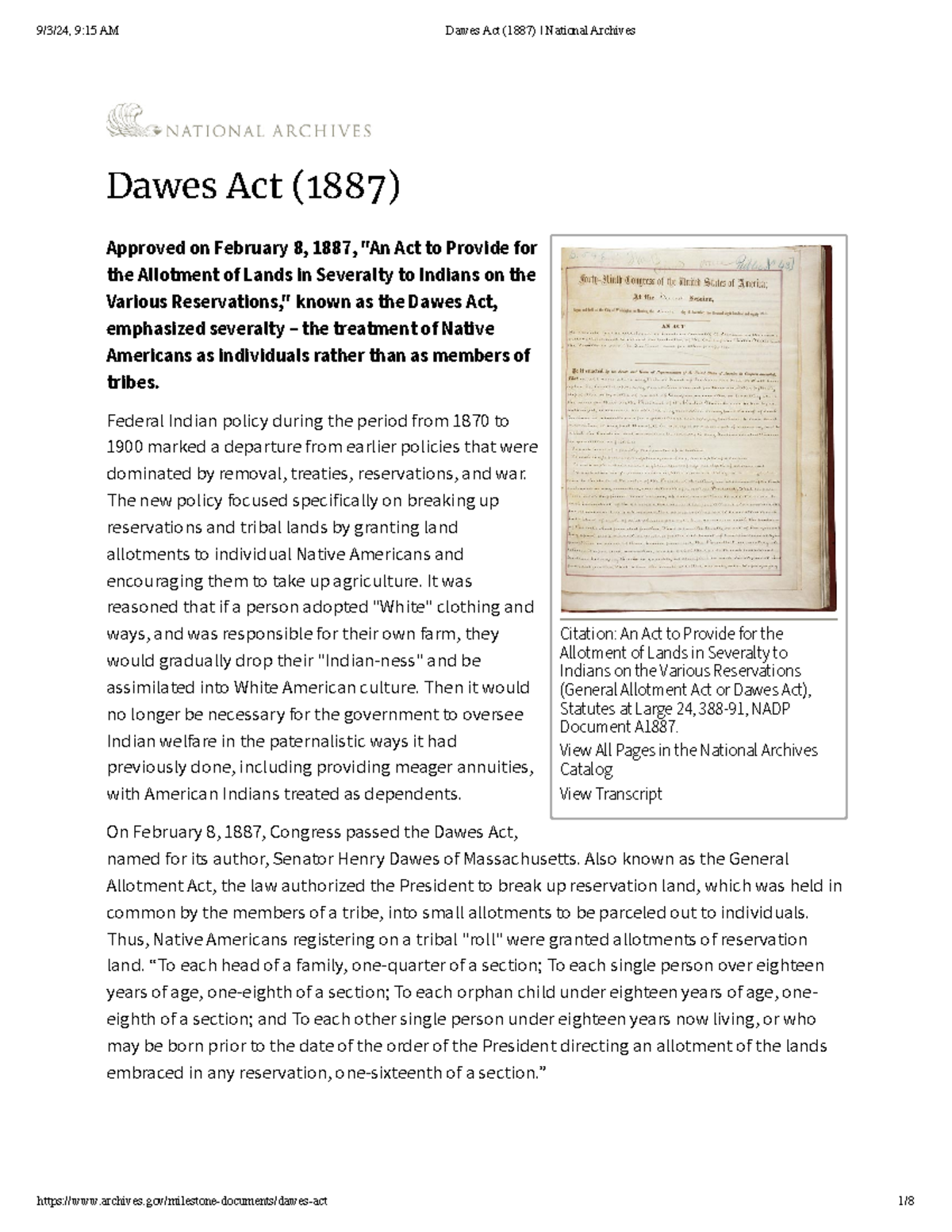Dawes Act (1887) National Archives - Citation: An Act to Provide for ...
