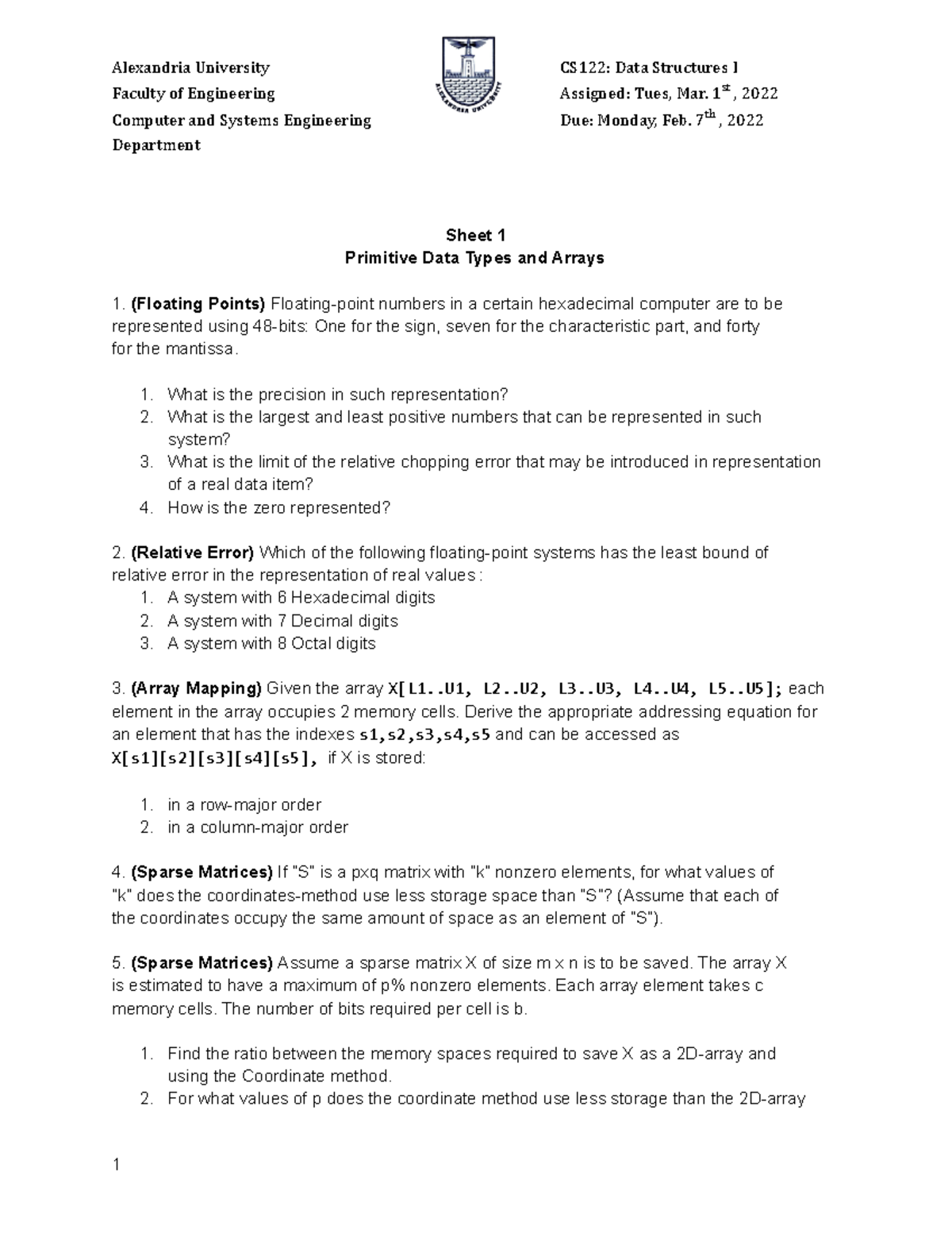 Data Structures Sheet 1 - Alexandria University CS122: Data Structures ...