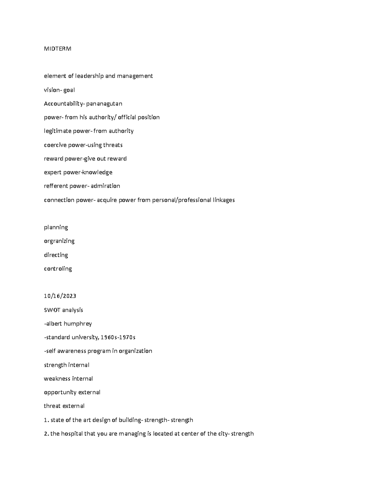 NCM 118 summarized - midterms - MIDTERM element of leadership and management vision- goal - Studocu