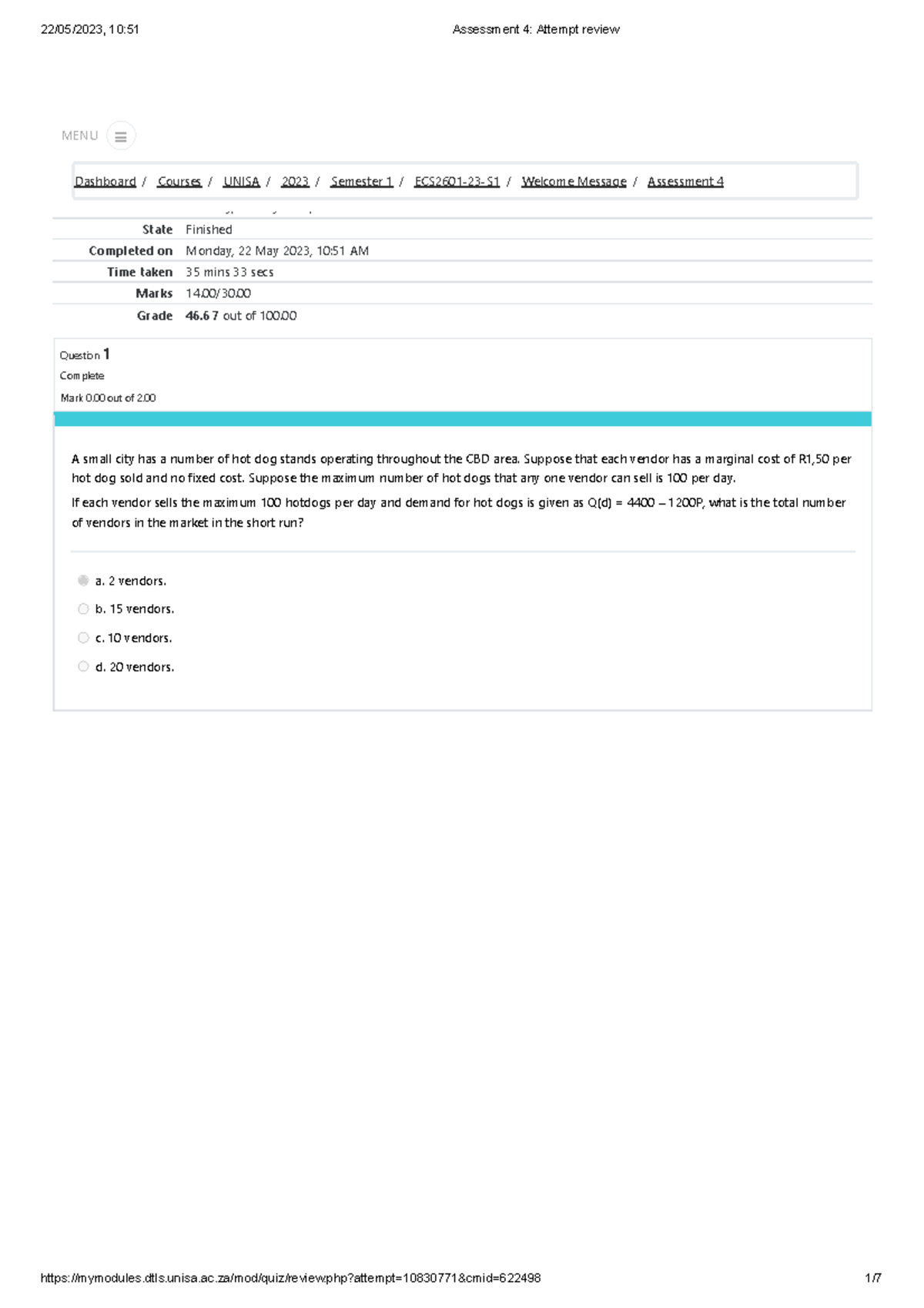 Assessment 4 Attempt review - Started on Monday, 22 May 2023, 10:16 AM ...