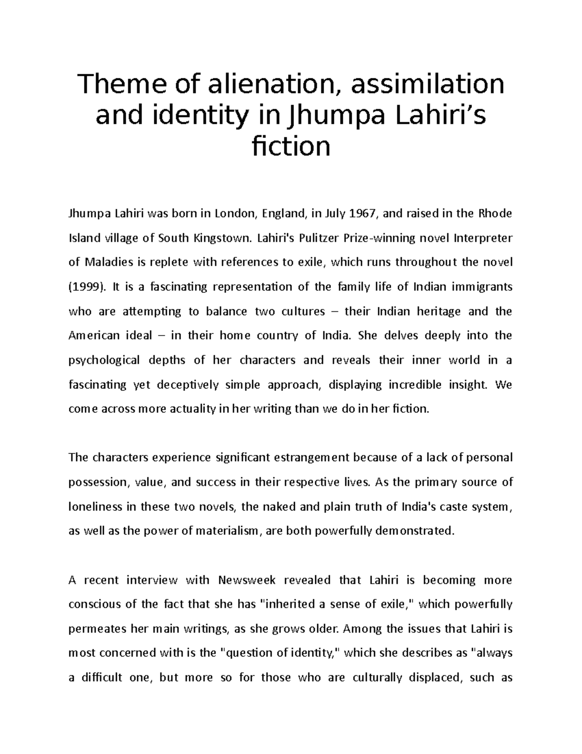 Theme of alienation, assimilation and identity in Jhumpa Lahiri’s ...