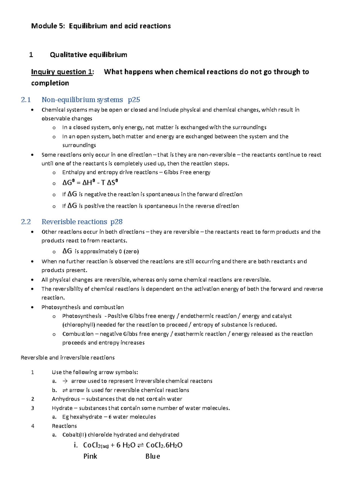 2.6 Nelson notes Module 5 - Module 5: Equilibrium and acid reactions 1 ...