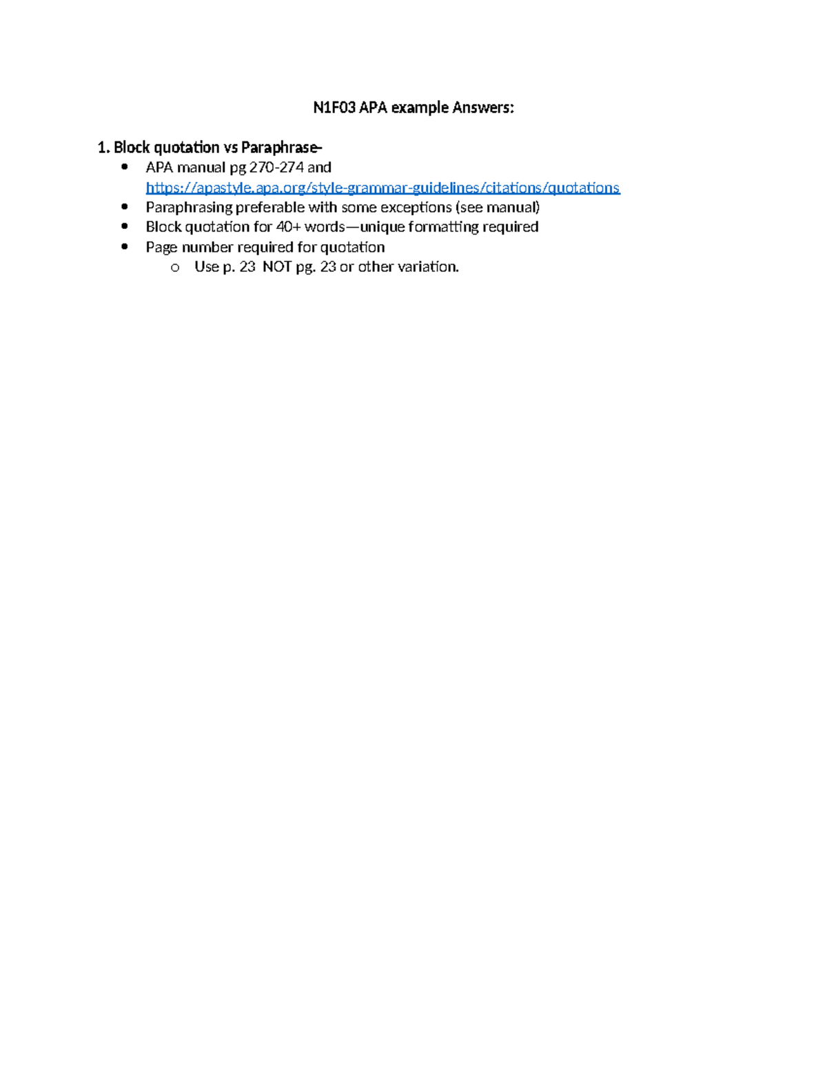 APA example Answers - N1F03 APA example Answers: Block quotation vs ...