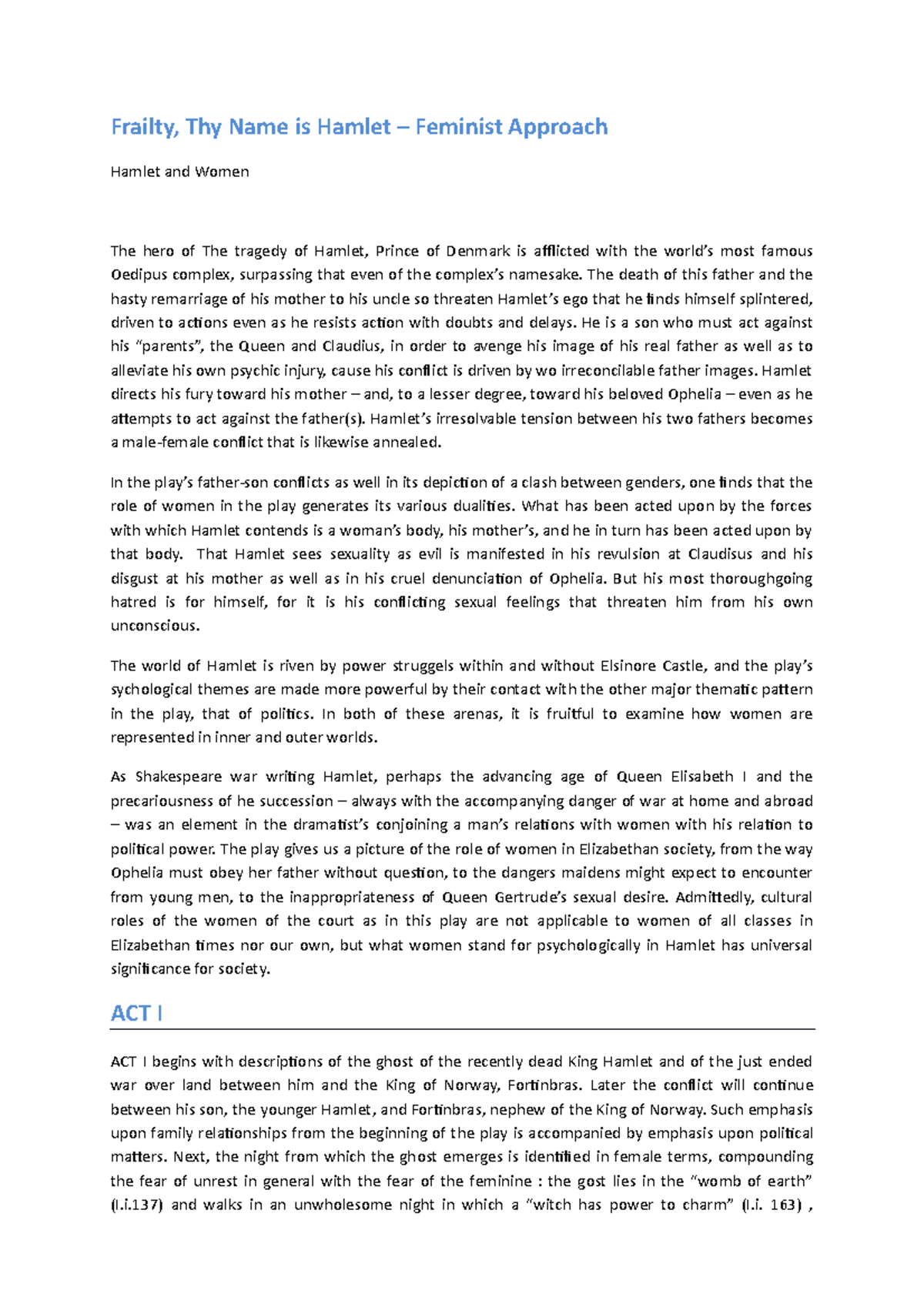 Hamlet Feminist Approach - Frailty, Thy Name is Hamlet – Feminist Approach Hamlet and Women The ...