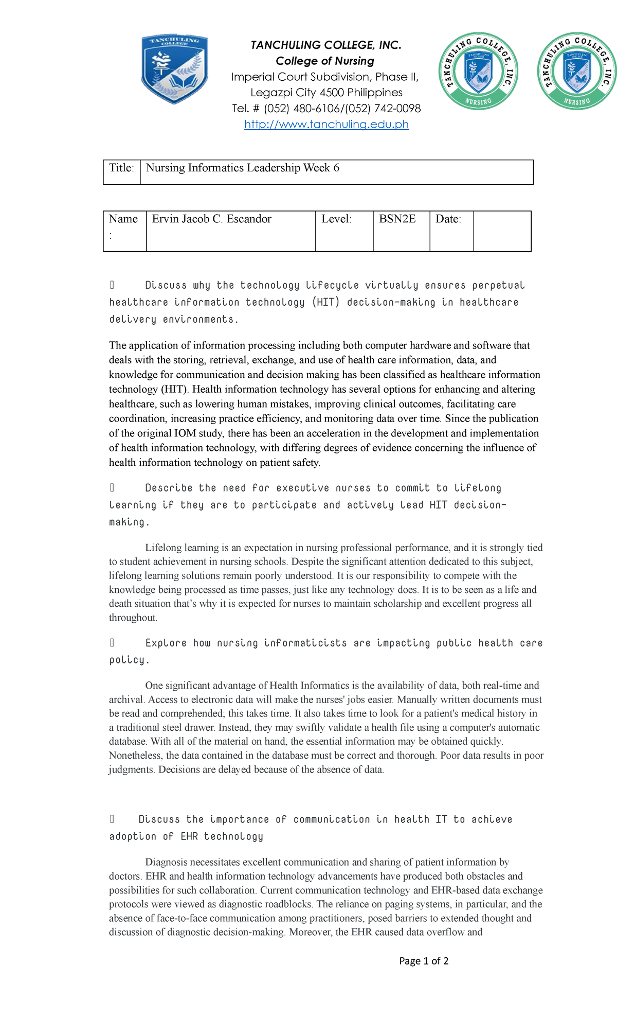Week 6 - Nursing Informatics summary activities - TANCHULING COLLEGE ...