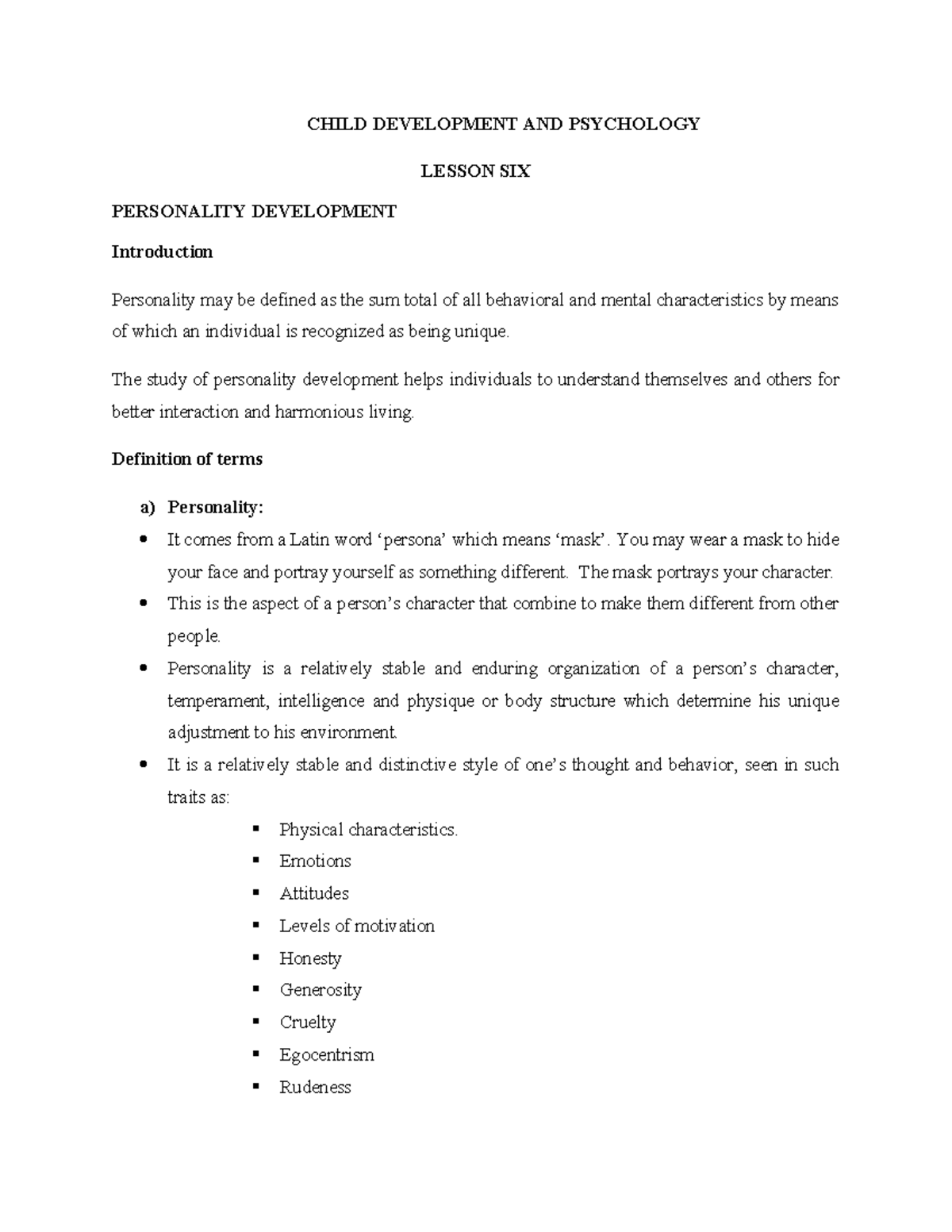 Child Development AND Psych Lesson Notes; Lesson SIX - CHILD ...