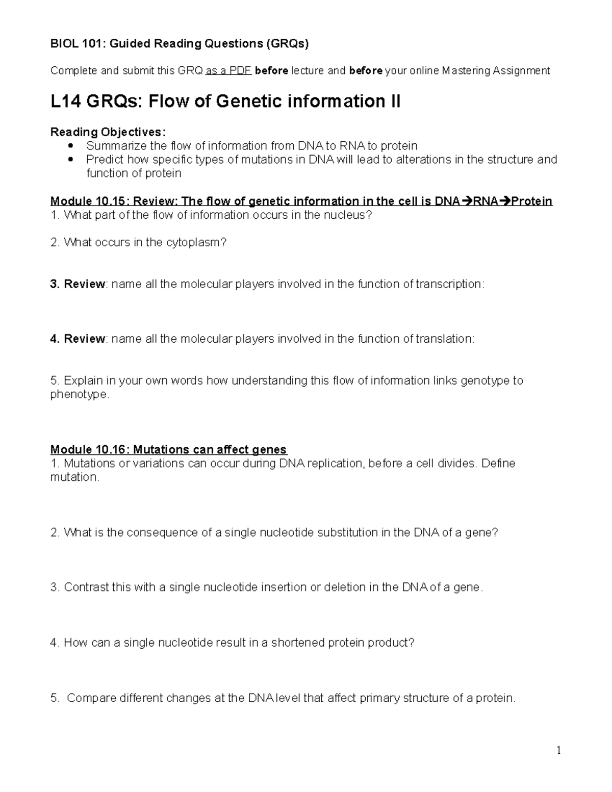Lesson 14 GRQs Flow of Genetic information Part 2 - BIOL 101: Guided ...